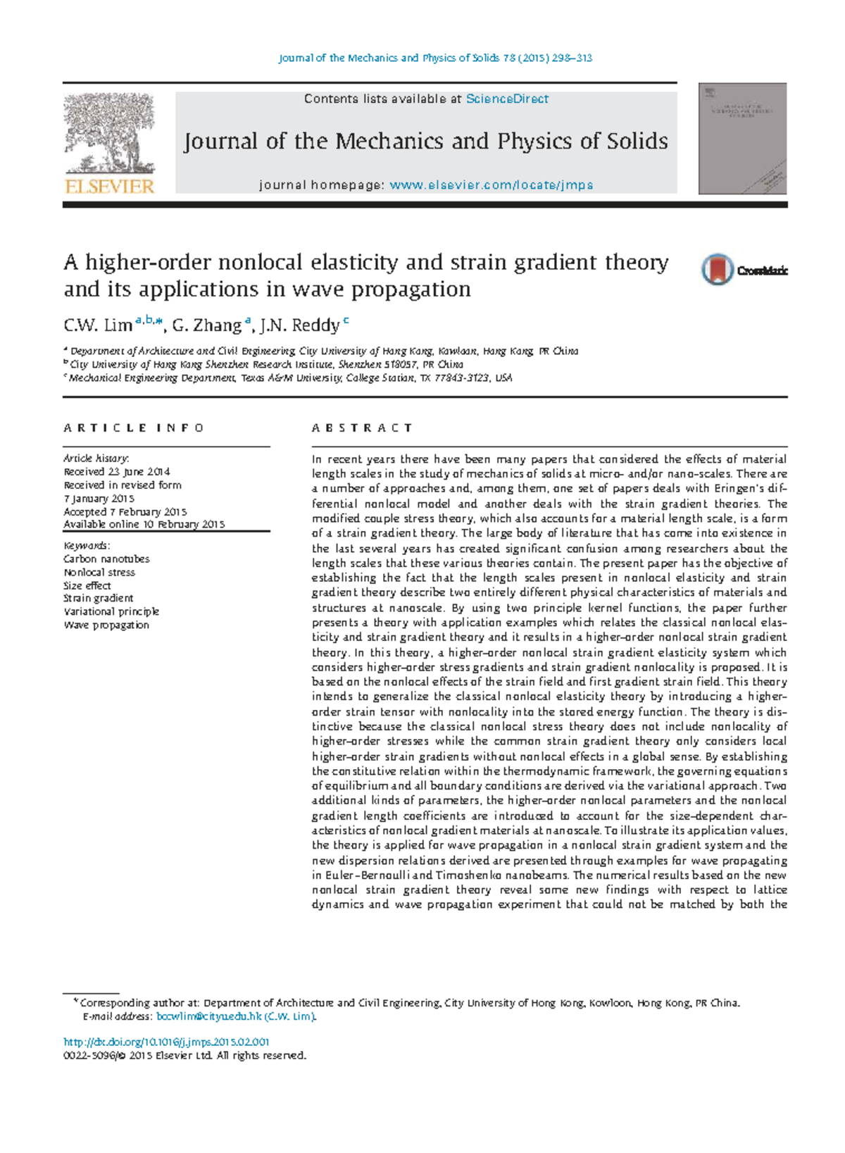 A Nonlocal Strain Gradient Theory for Wave Propagation in CNTs - Studocu
