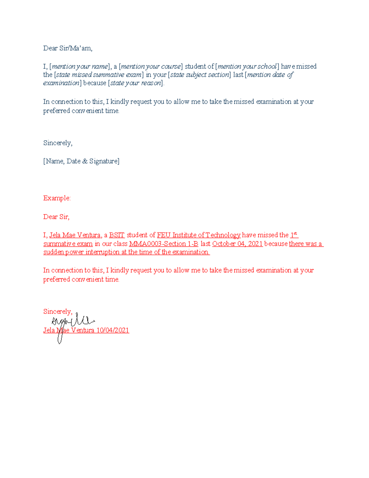 Formal Letter of Explanation for Missed Exam - MMA0003 - Studocu