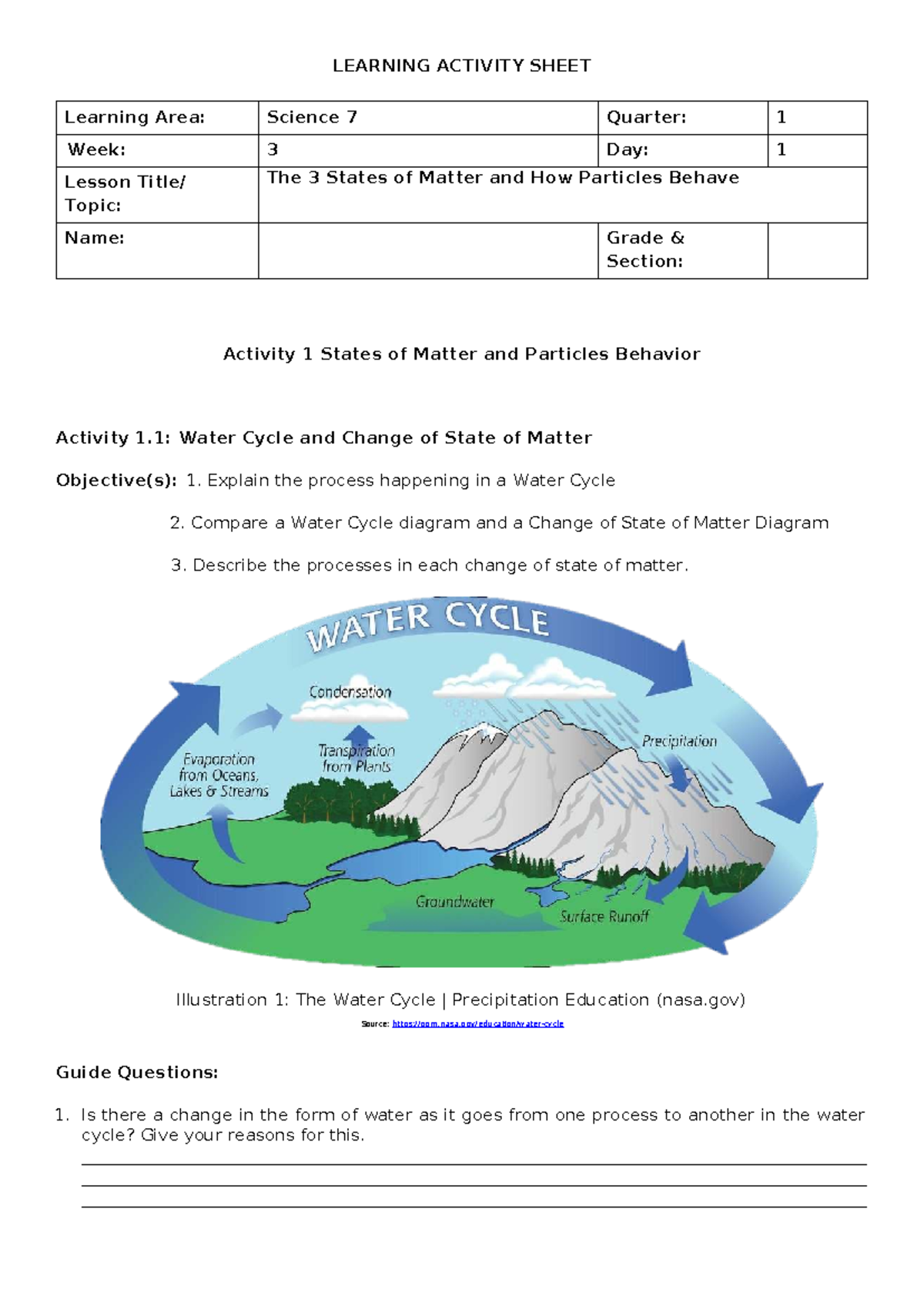 LAS G7 Science Q1 W3: States of Matter & Water Cycle Activities - Studocu