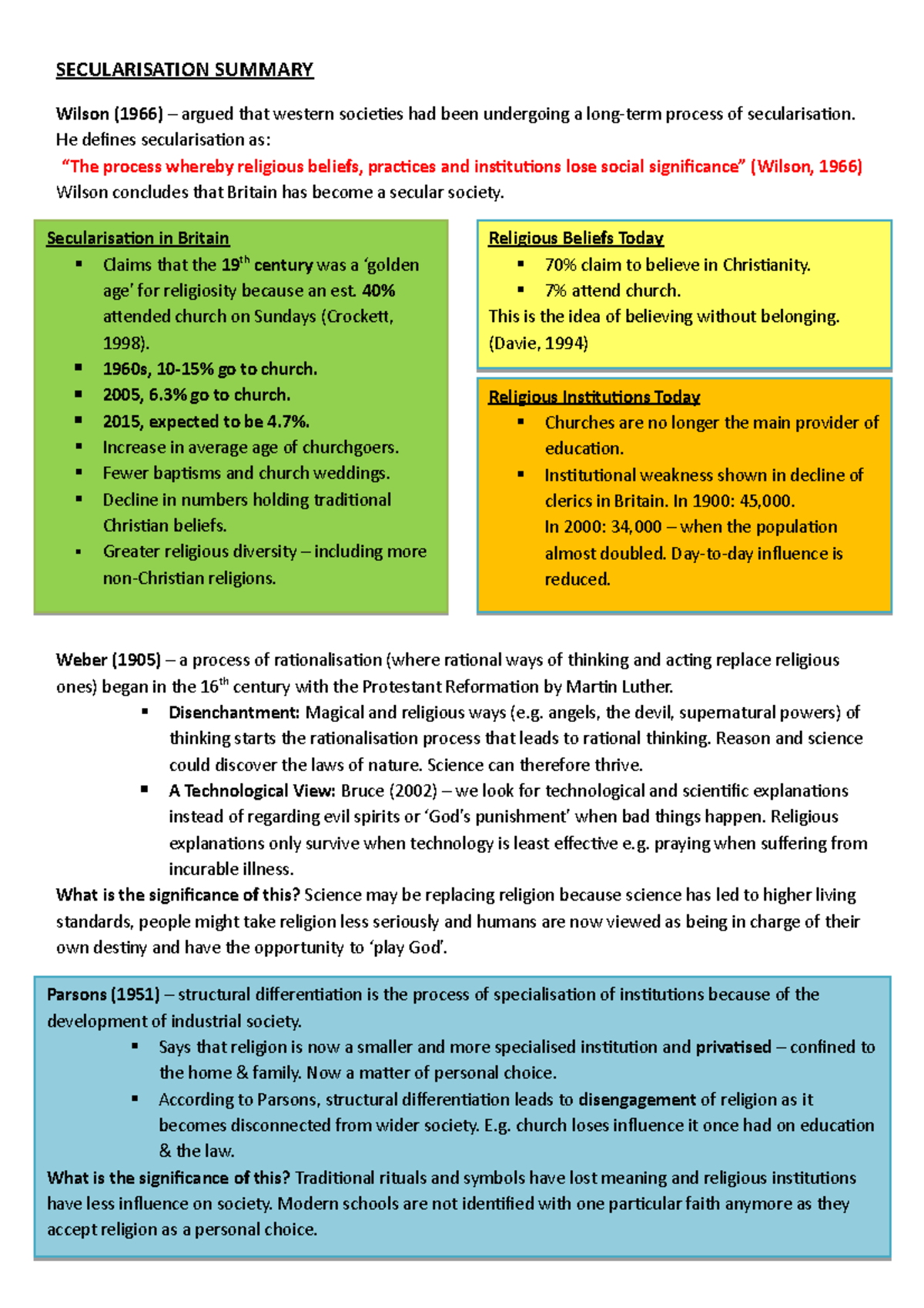 Secularisation Summary - SECULARISATION SUMMARY Wilson (1966) – argued ...