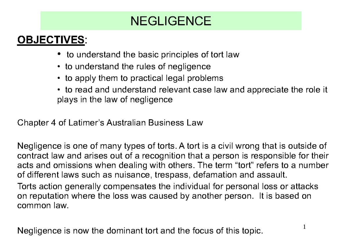Weeks 2 and 3 Torts and Negligence PP - ####### 1 NEGLIGENCE OBJECTIVES ...