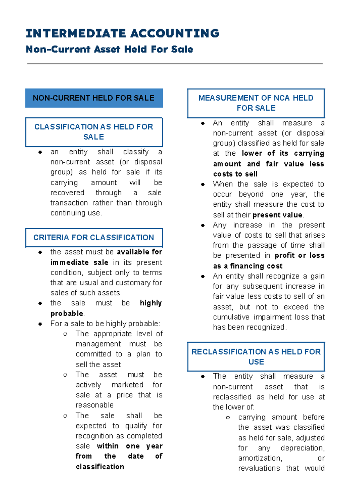 INTACC - Asset Held for Sale: Classification & Measurement Guide - Studocu