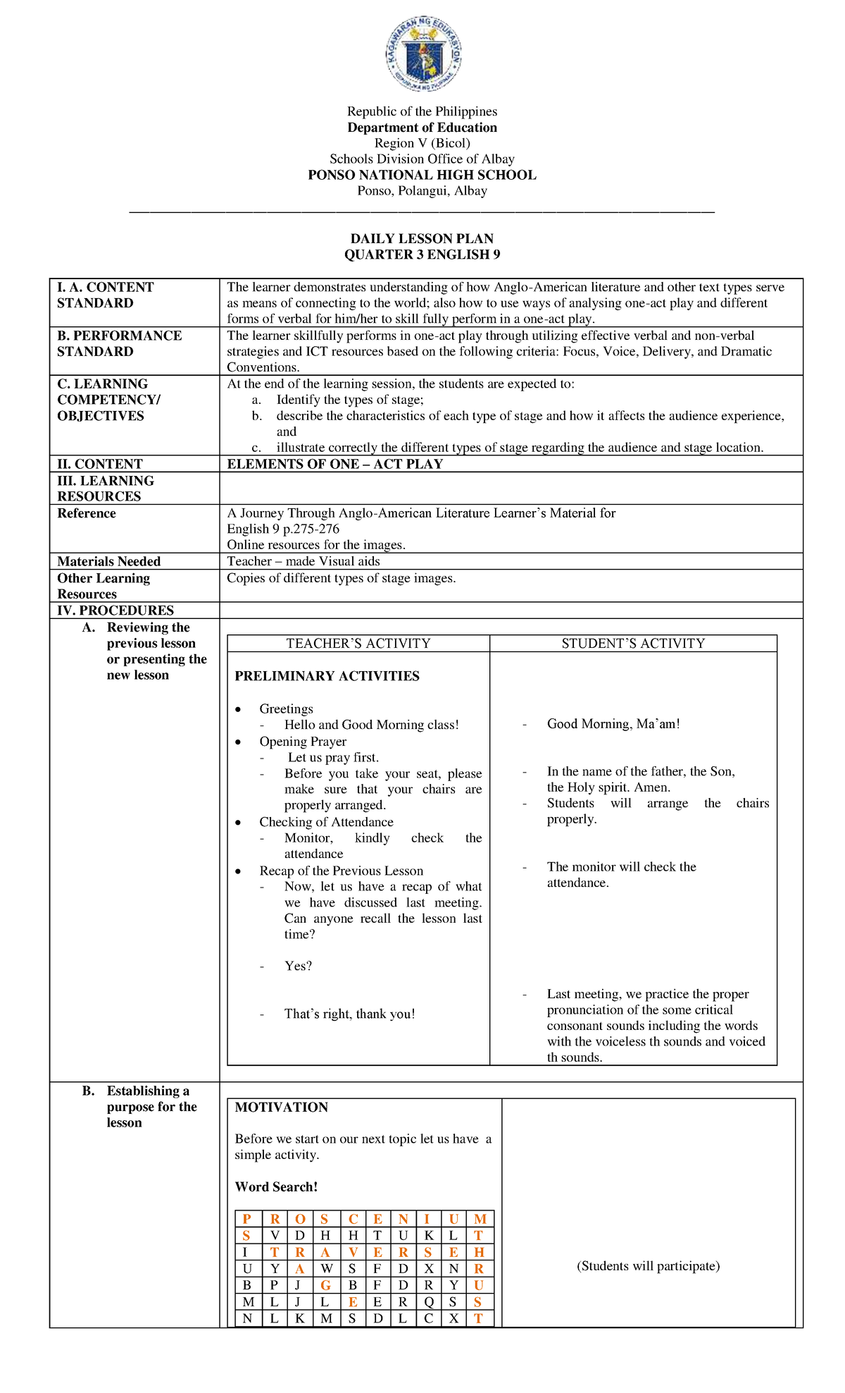 DLP - Types of Stage: Daily Lesson Plan for English 9 (Quarter 3) - Studocu