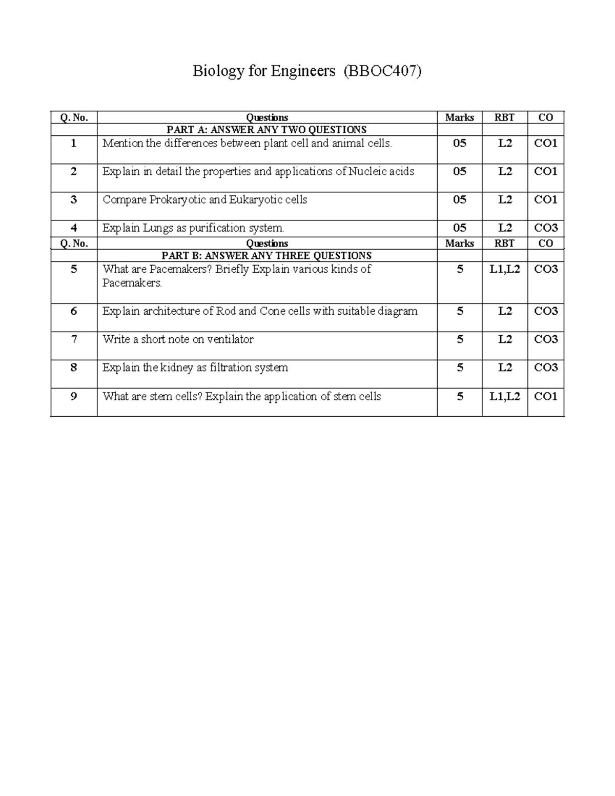 Biology for Engineers (BBOC407) Exam Questions and Answers - Studocu
