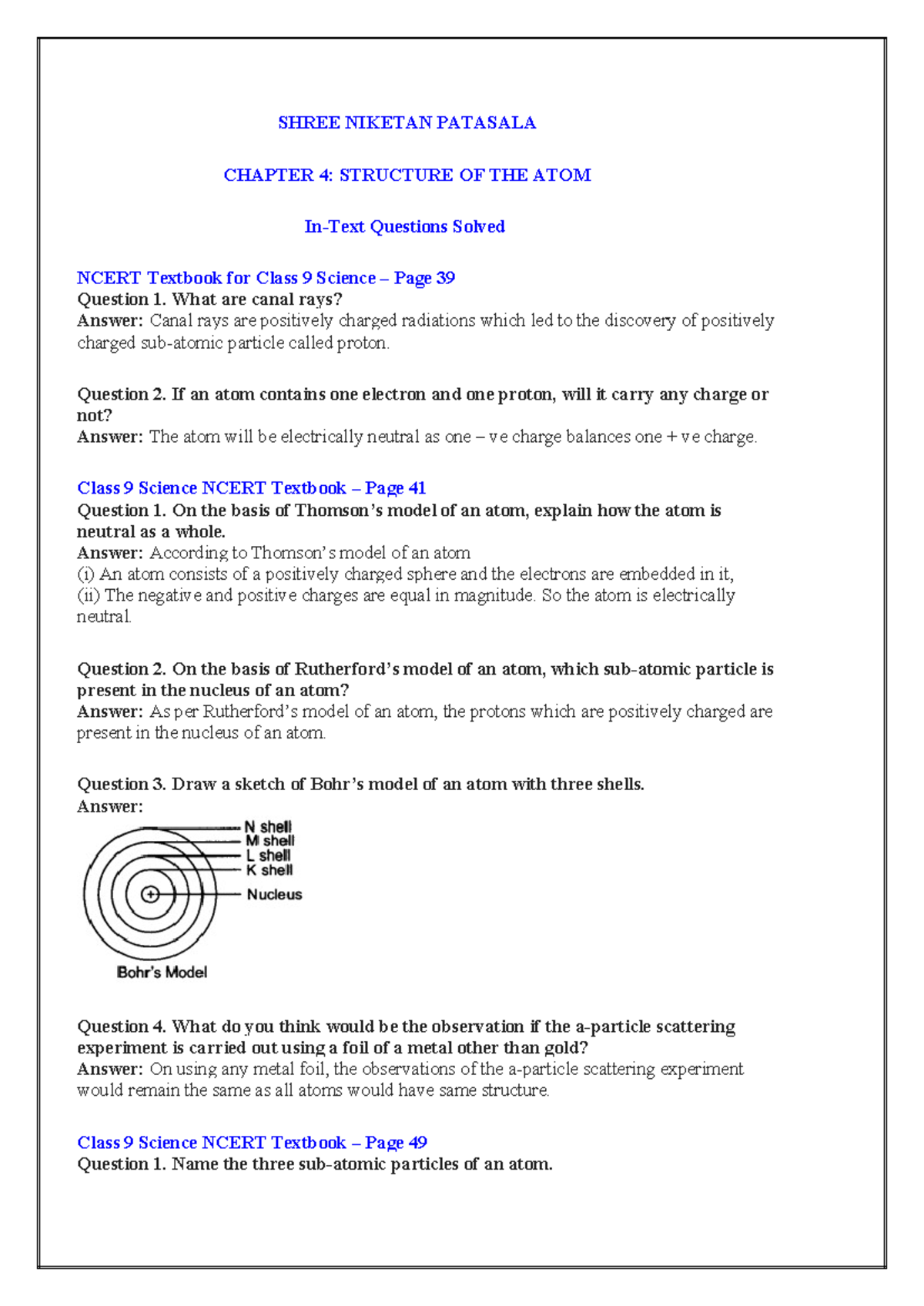 SHREE NIKETAN PATASALA CLASS 9 SCIENCE CHAPTER 4 NOTES - Studocu