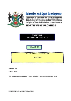 Grade 10 Mathematical Literacy P2 June 2024 Question Paper (QP) - Studocu