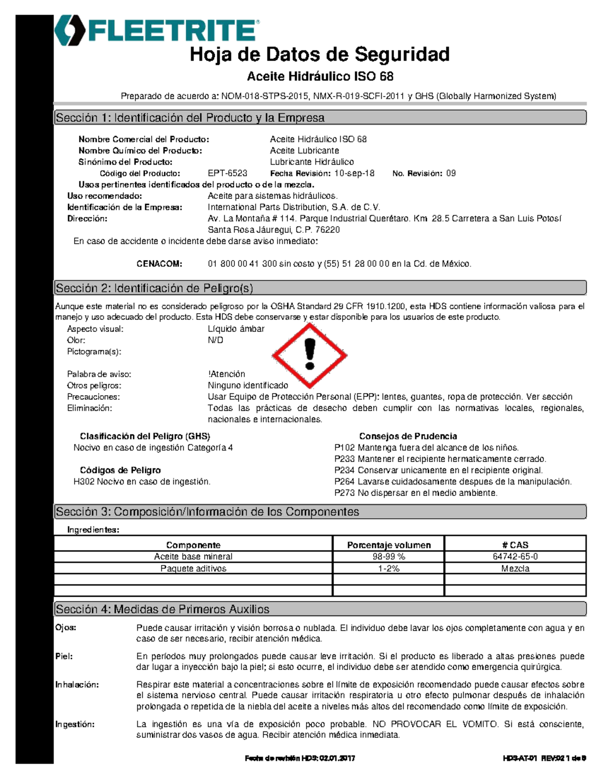 HDS de Seguridad: Aceite Hidráulico ISO 68 - Fleetrite - Studocu