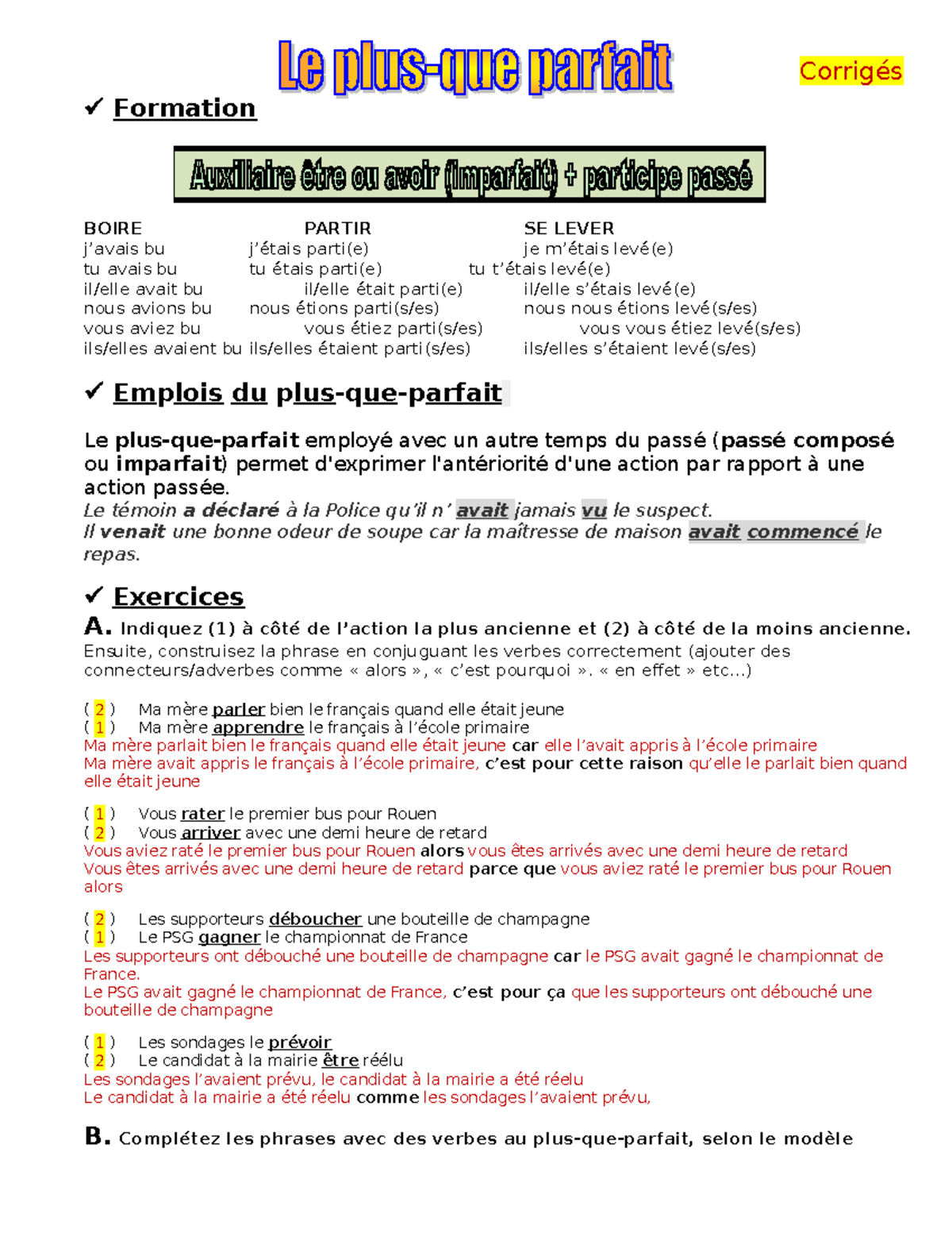 Plus-que-parfait-Théorie et exercices-Corrigés - Corrigés Formation ...