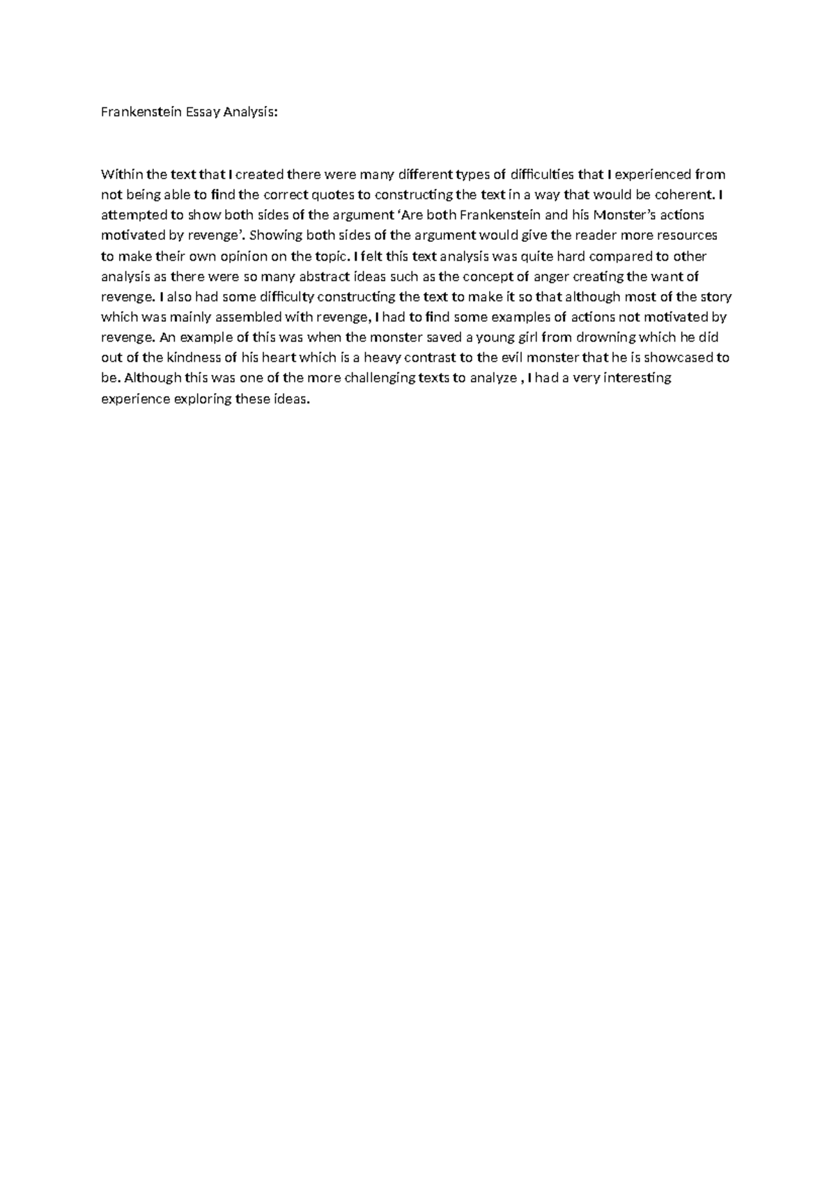 Frankenstein Essay Analysis: Challenges in Argument Construction - Studocu