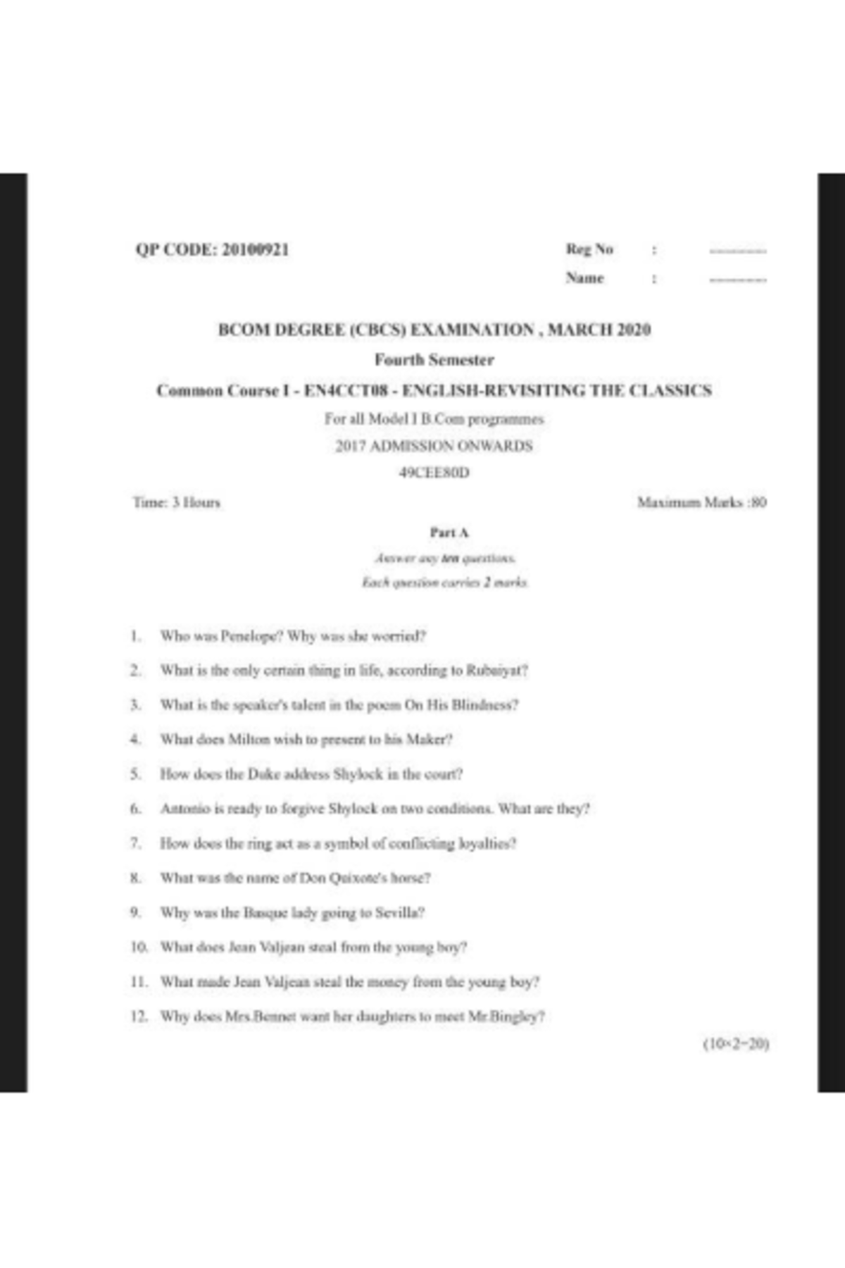 BCOM 4th Sem Exam Mar 2020: Revisiting The Classics (EN4CCT08) - Studocu