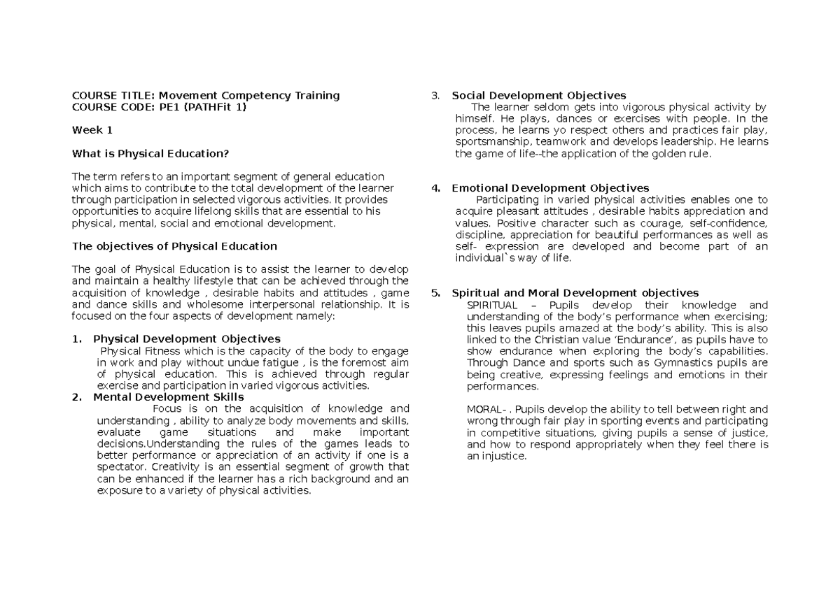 PE 1 Pathffit 1 Module - COURSE TITLE: Movement Competency Training ...