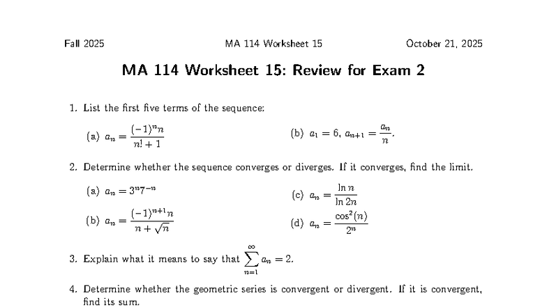 Fall 2025 MA 114 Worksheet 15: Exam 2 Review Guide - Studocu