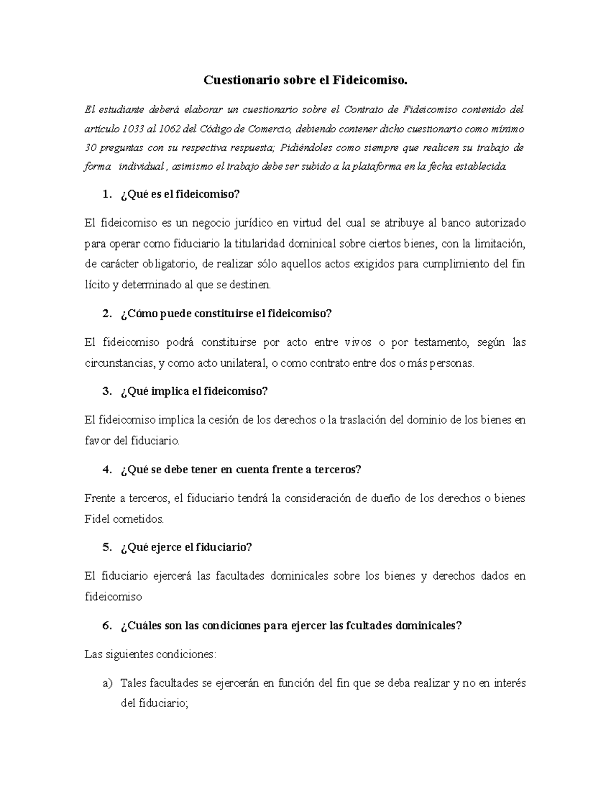 Cuestionario sobre el Contrato de Fideicomiso (Código de Comercio) - Studocu
