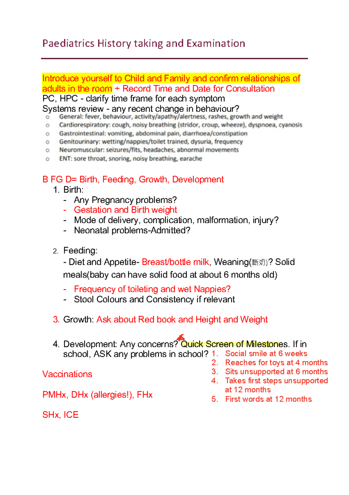 Paediatrics: Comprehensive History Taking and Assessment Guide - Studocu