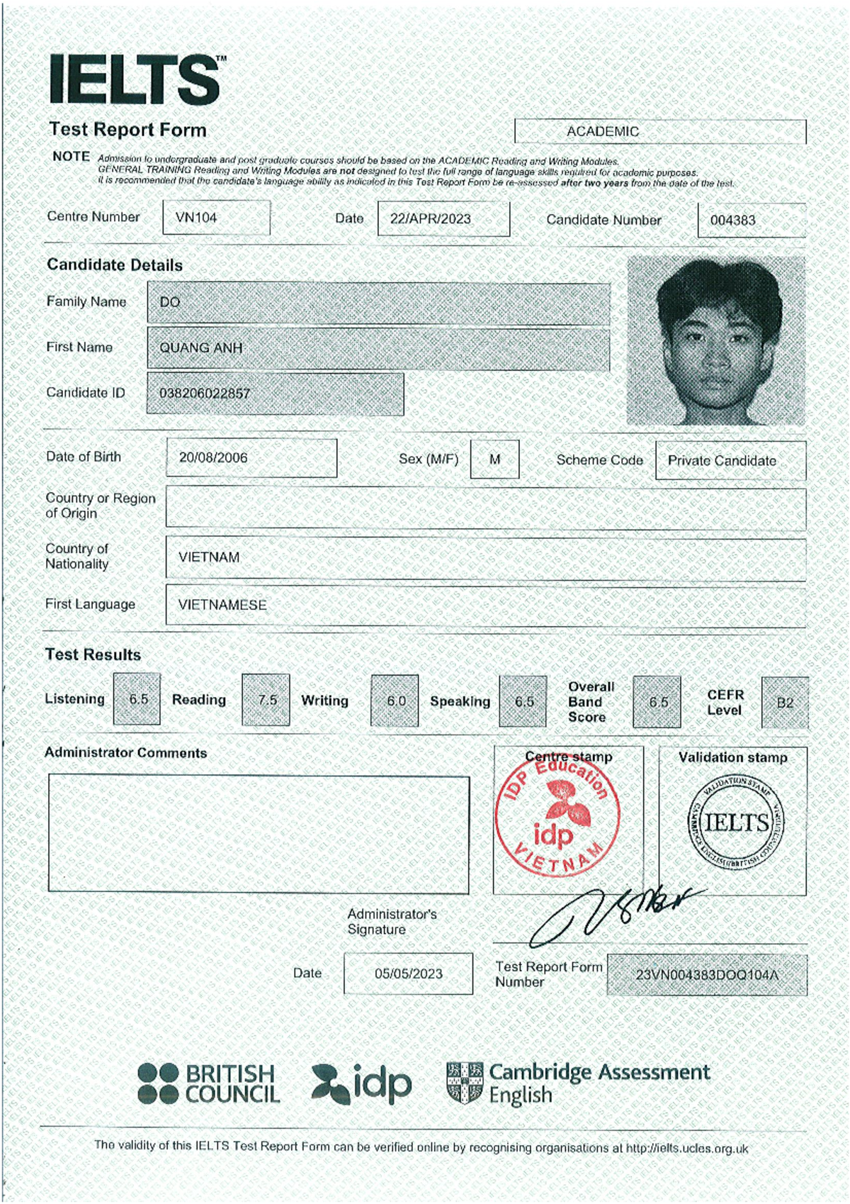 TM IELTS Test Report Form for Academic Admission (VN104) - Studocu