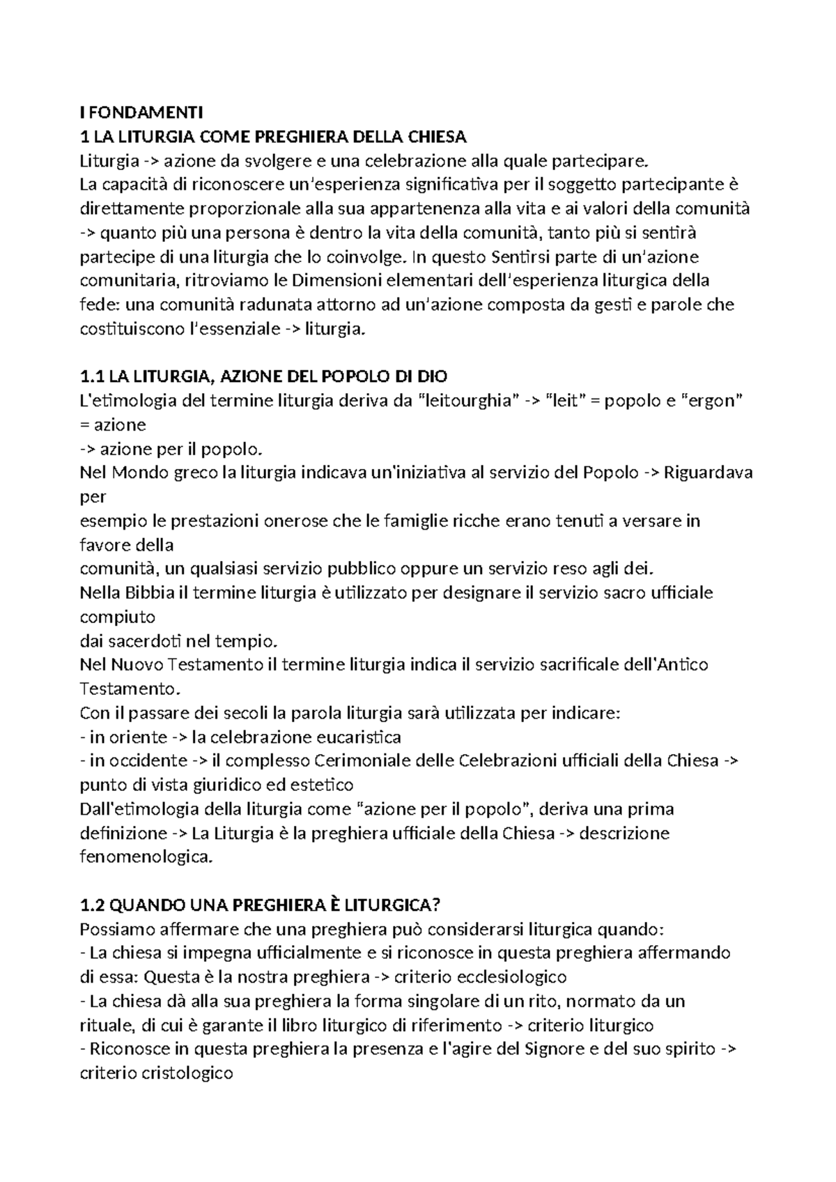I FONDAMENTI 1: LA LITURGIA COME PREGHIERA DELLA CHIESA - Studocu
