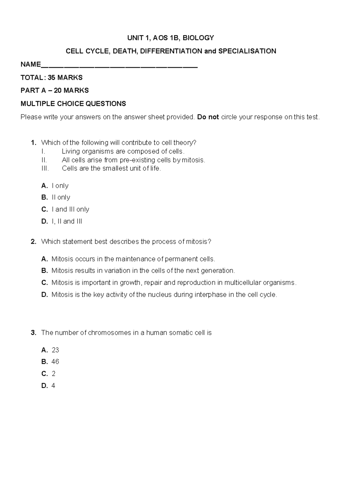2025 AOS 1B Biology Cell Cycle Practice Test - 35 Marks - Studocu