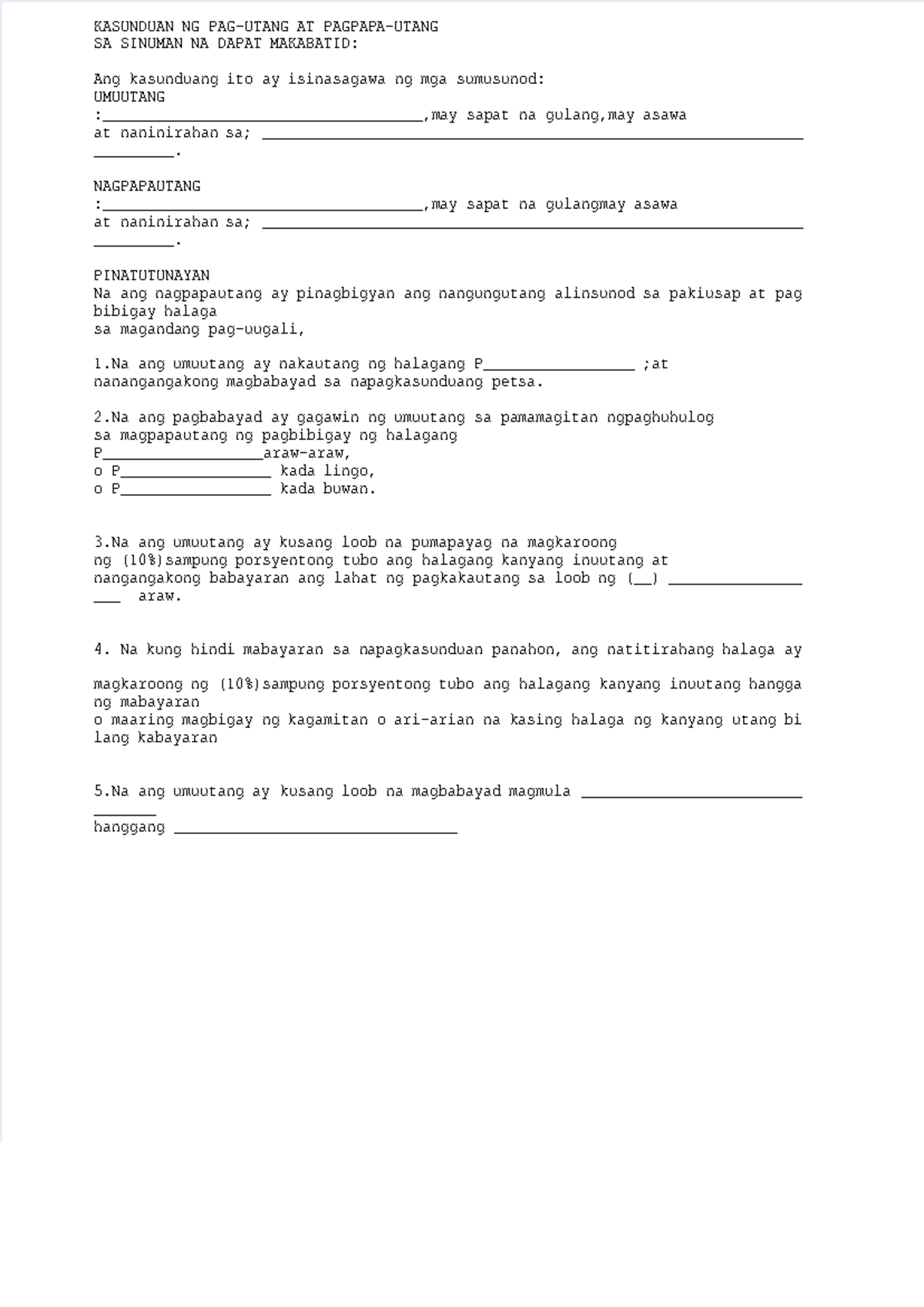 Dokumen - Kasunduan sa pagpapautang - KASUNDUAN NG PAG-UTANG AT PAGPAPA ...