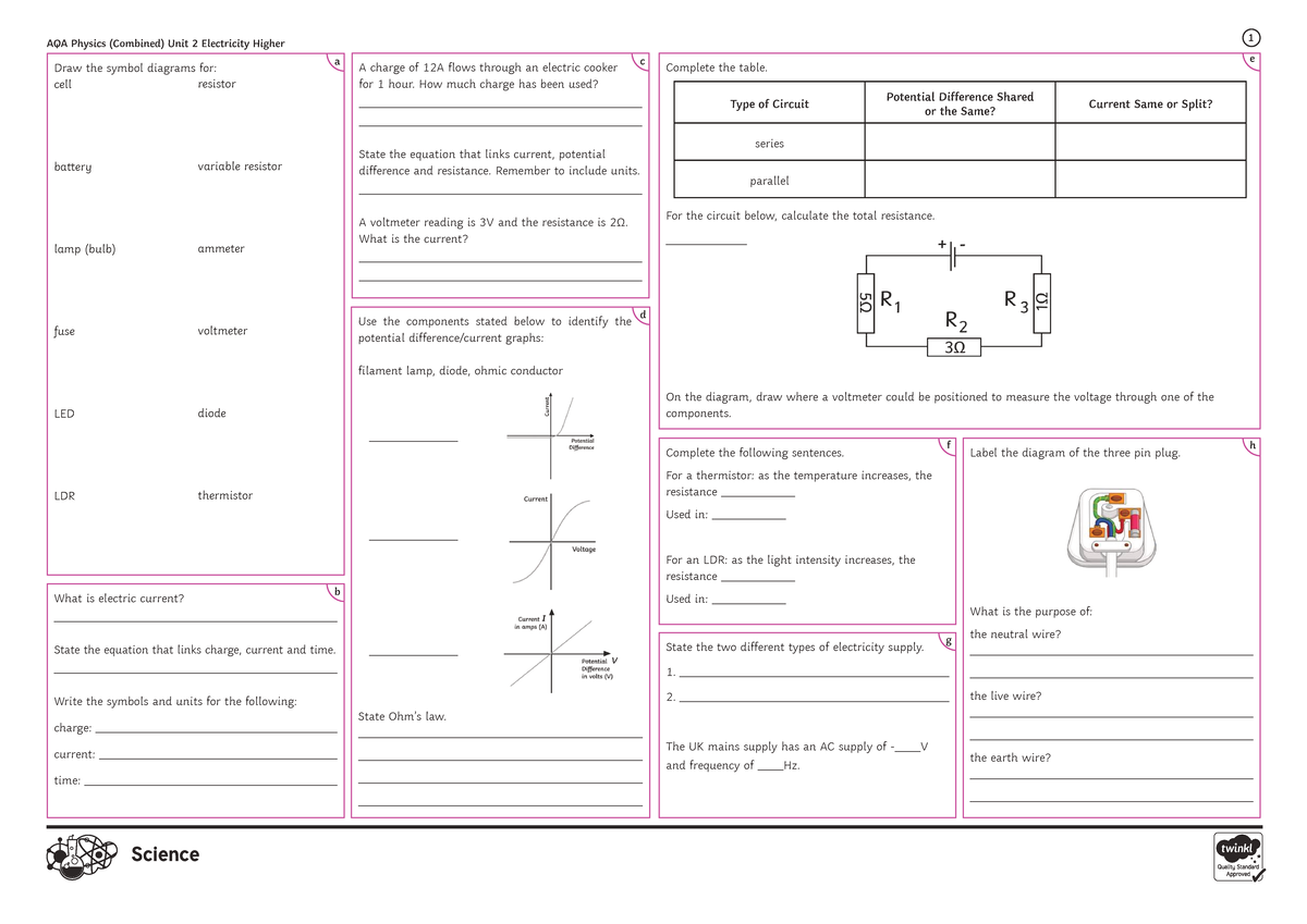 AQA GCSE Combined Science Unit 2 Electricity Higher Revision Notes ...