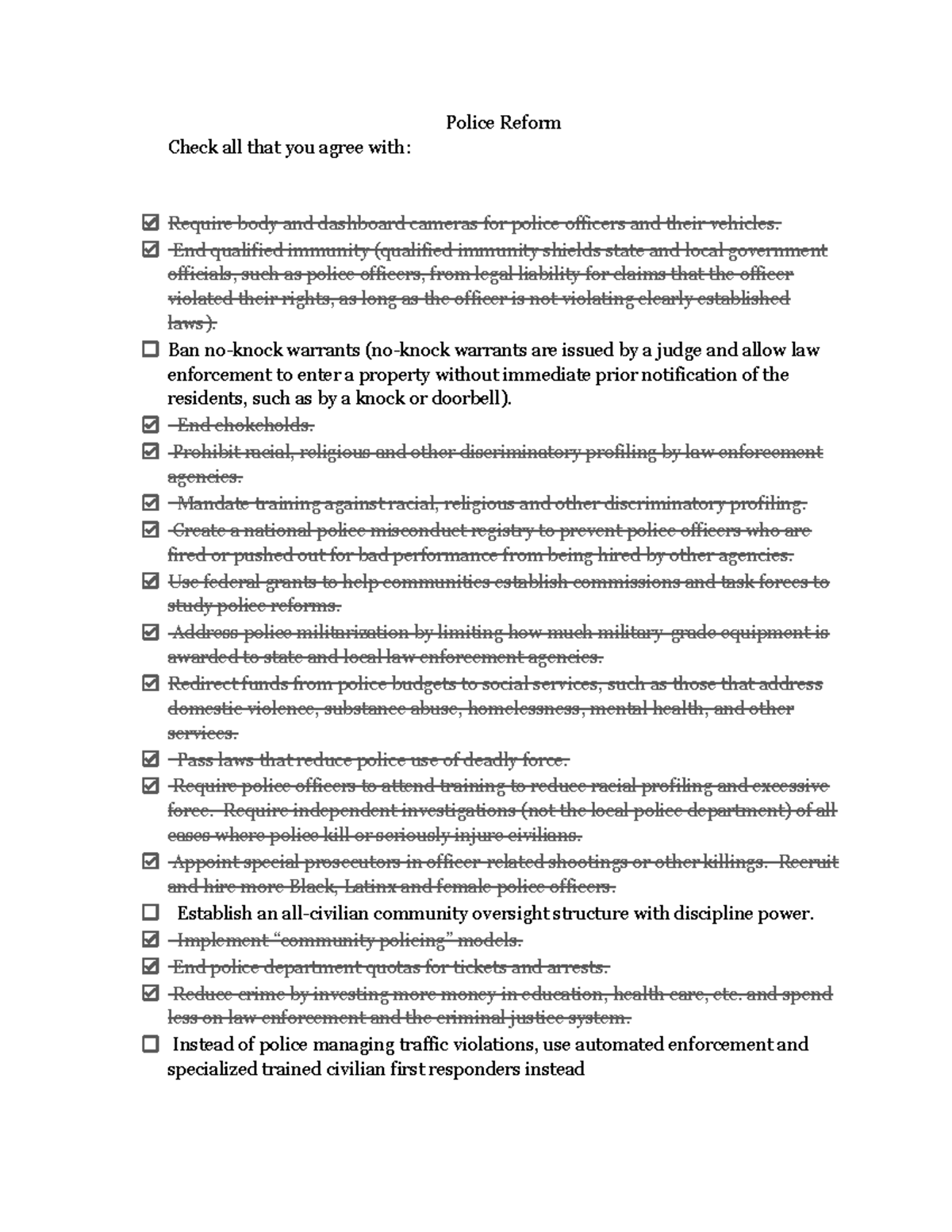 Police Reform Checklist: Key Recommendations for Change - Studocu