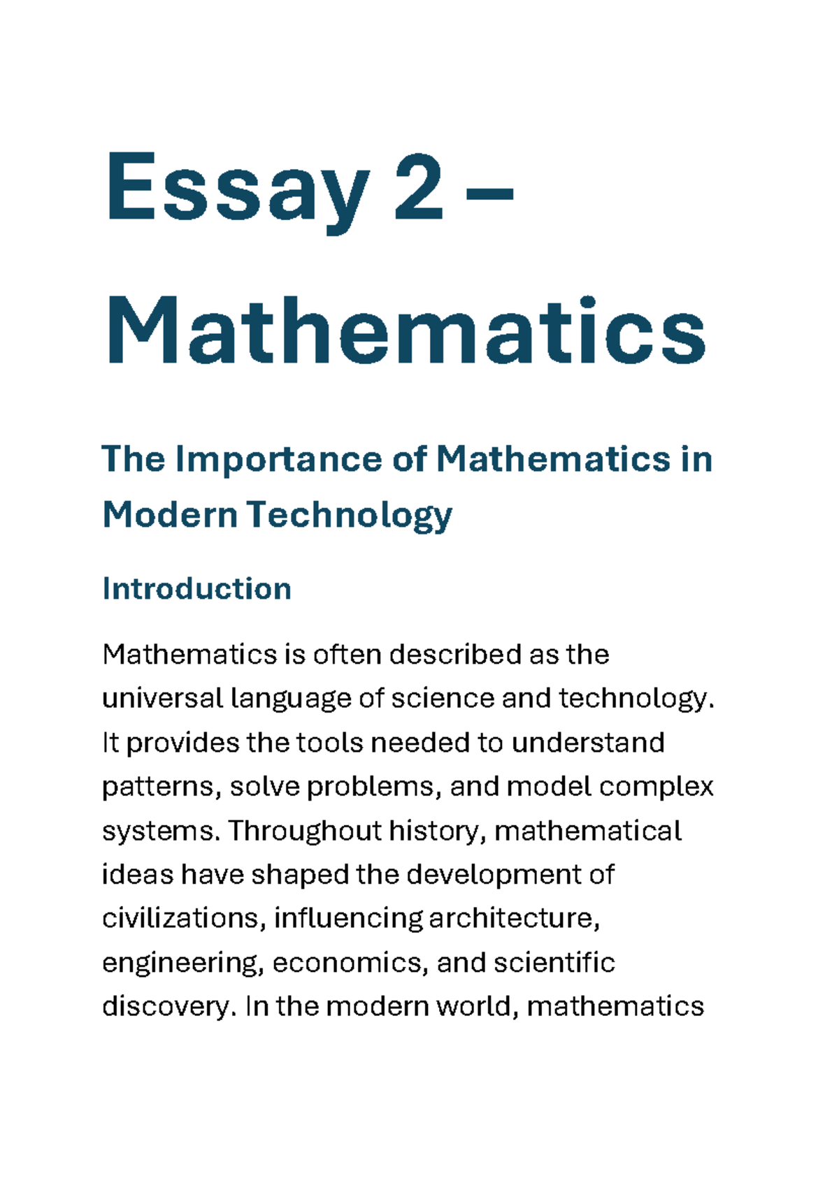 Essay 2: The Role of Mathematics in Modern Technology (MATH 101) - Studocu