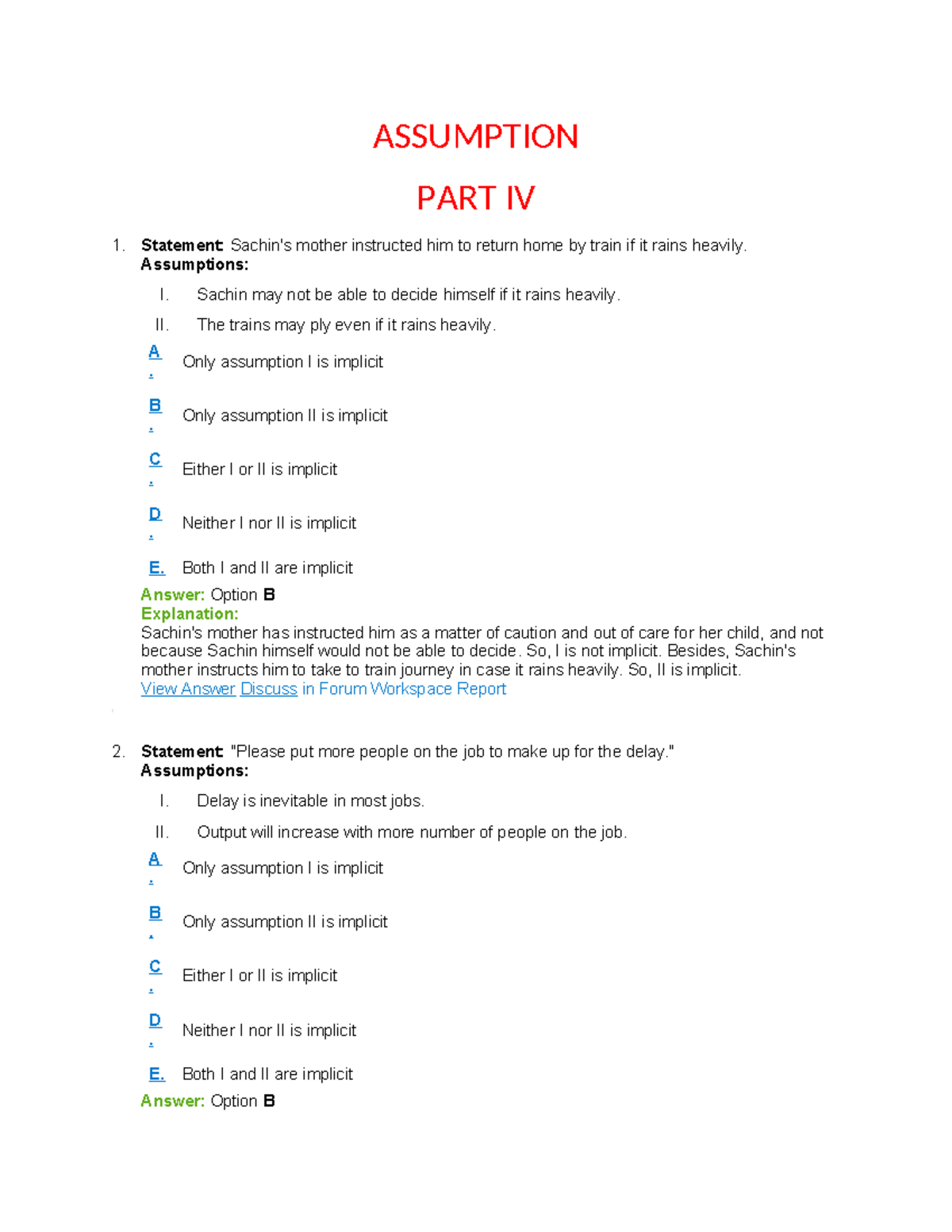 Assumption PART 4 - Sample - ASSUMPTION PART IV Statement: Sachin's ...
