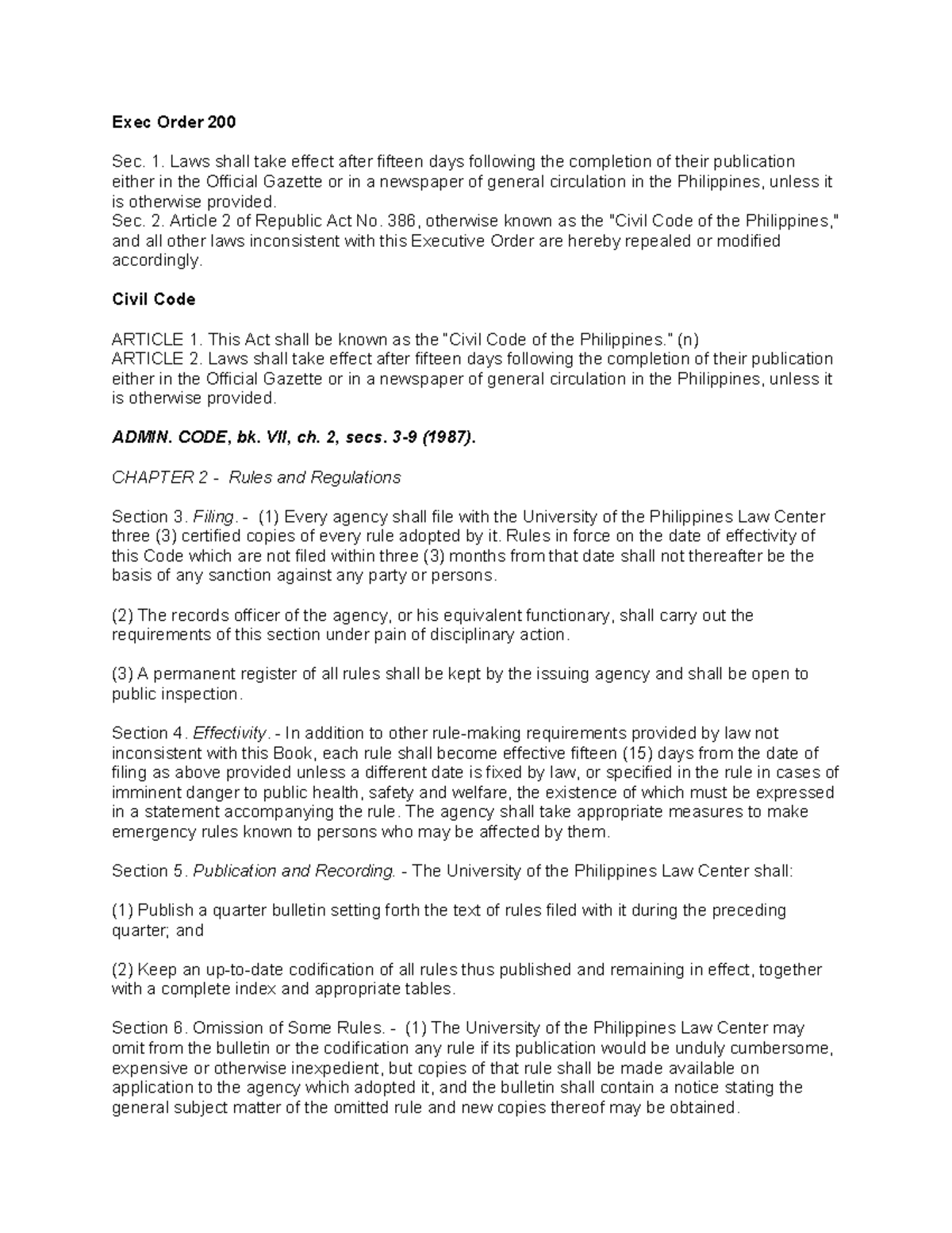 Exec Order 200: Laws Effectivity & Publication Guidelines - Studocu