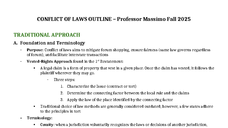Conflict of Laws Outline (LAW 2025) - Traditional Approach and Key ...