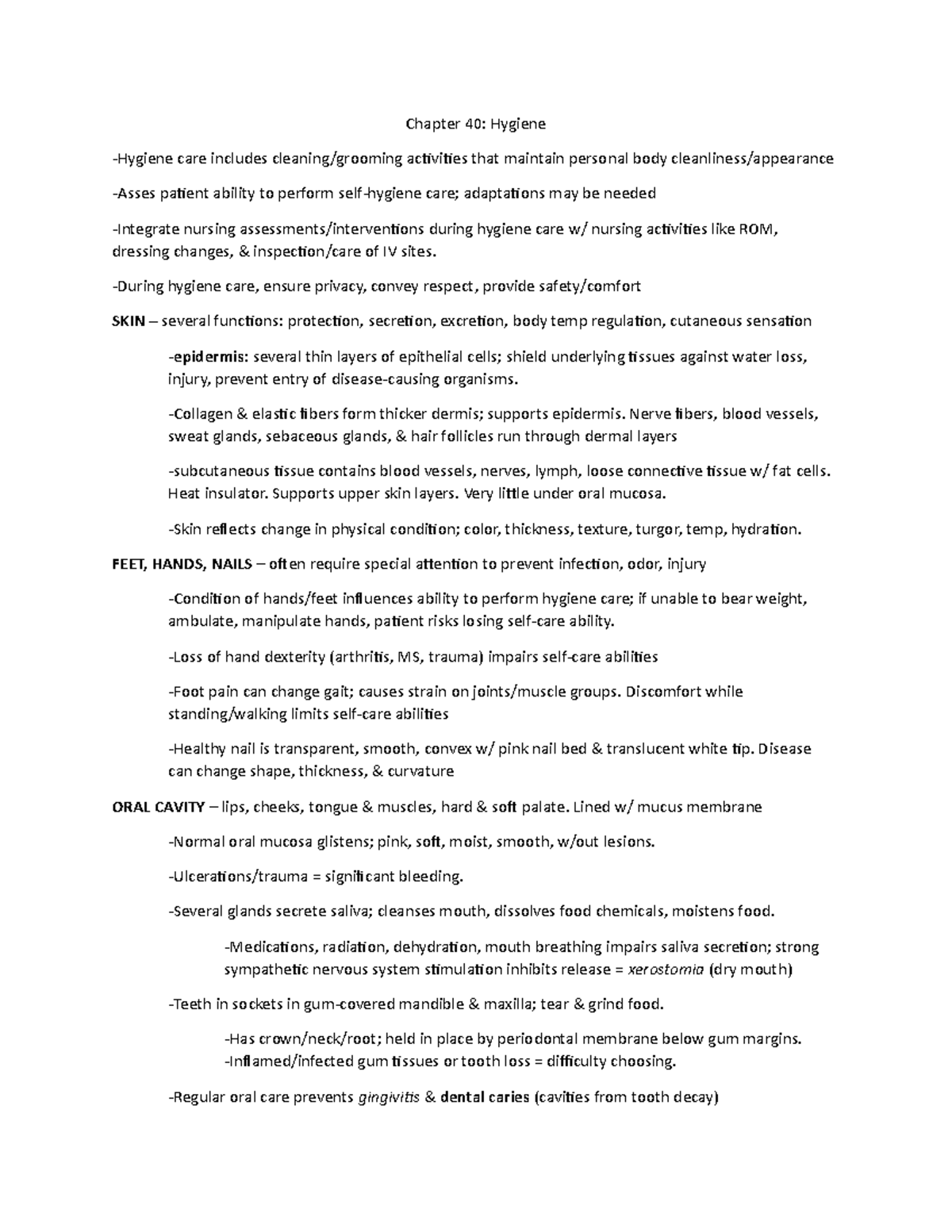 CH40 Hygiene - Chapter Notes on Nursing Fundamentals and Care - Studocu