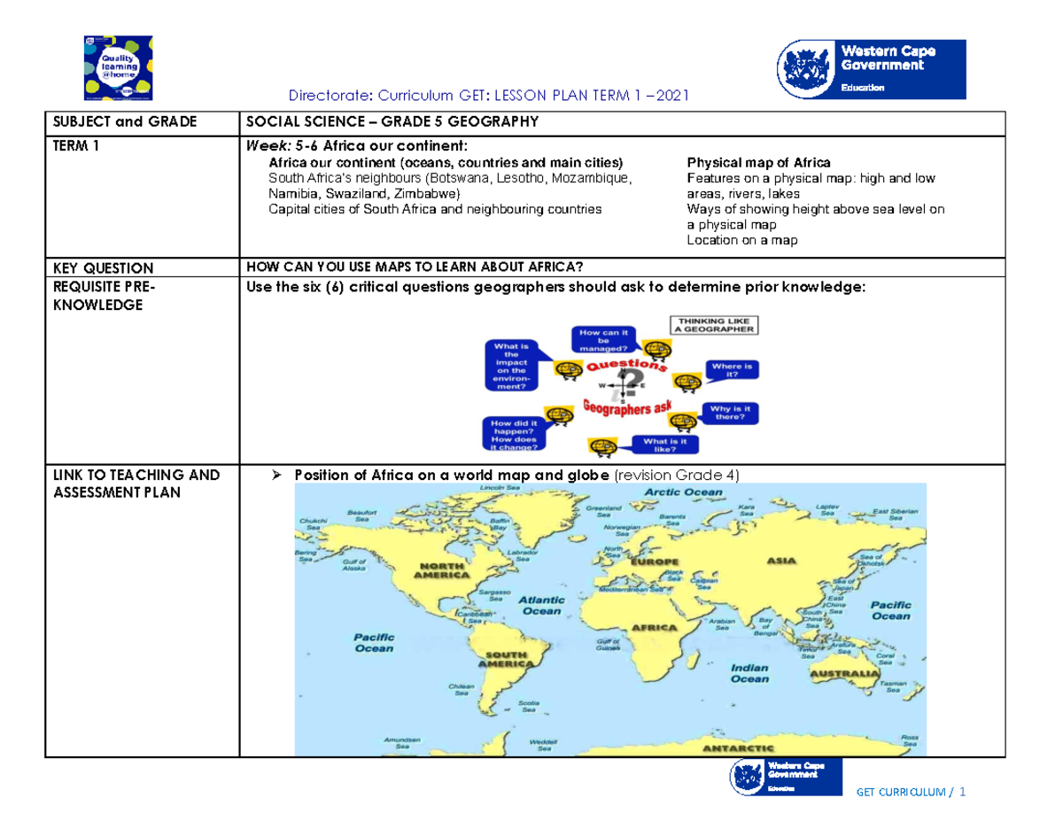 Lesson Plan IP Grade 5 SS Geography T1 W3 - Directorate: Curriculum GET ...