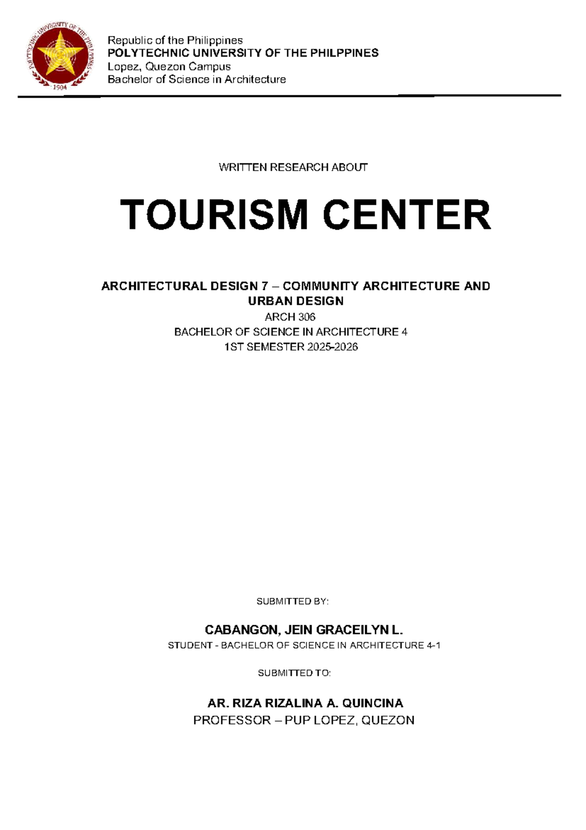 ARCH 306: Architectural Design of a Tourism Center in Community Context - Studocu