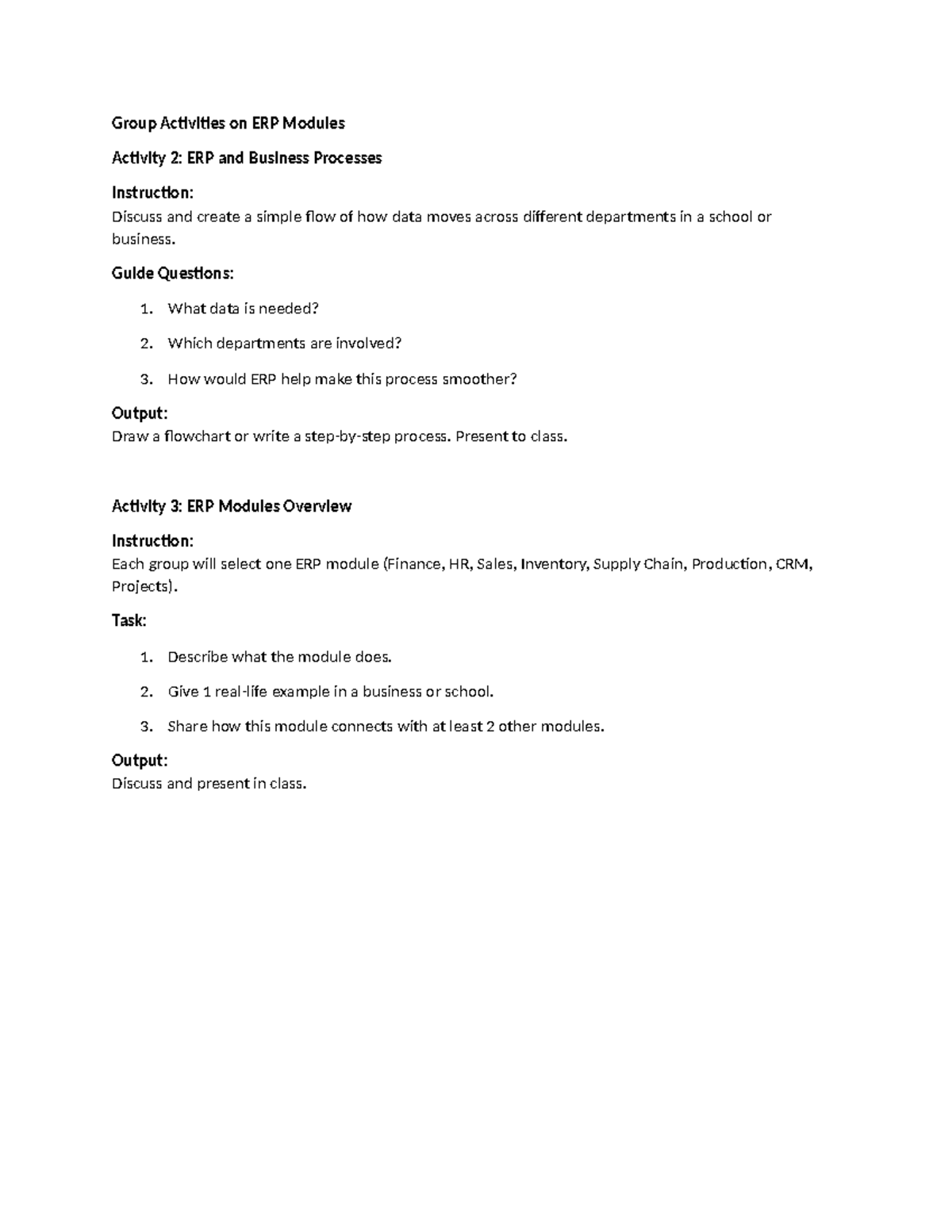 ERP Modules Group Activities: Flow of Data & Module Overview - Studocu