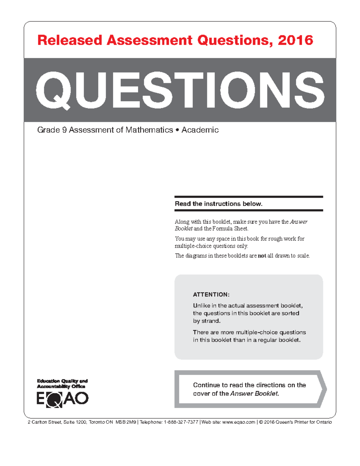 2016 EQAO Grade 9 Mathematics Released Assessment Questions - Studocu