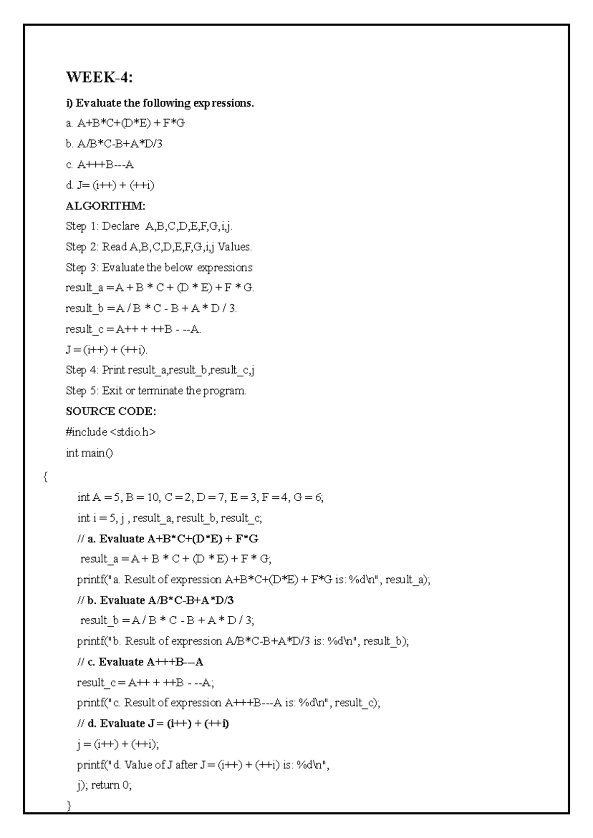 CS101: Week 4 Evaluations & Algorithms with C Source Code - Studocu