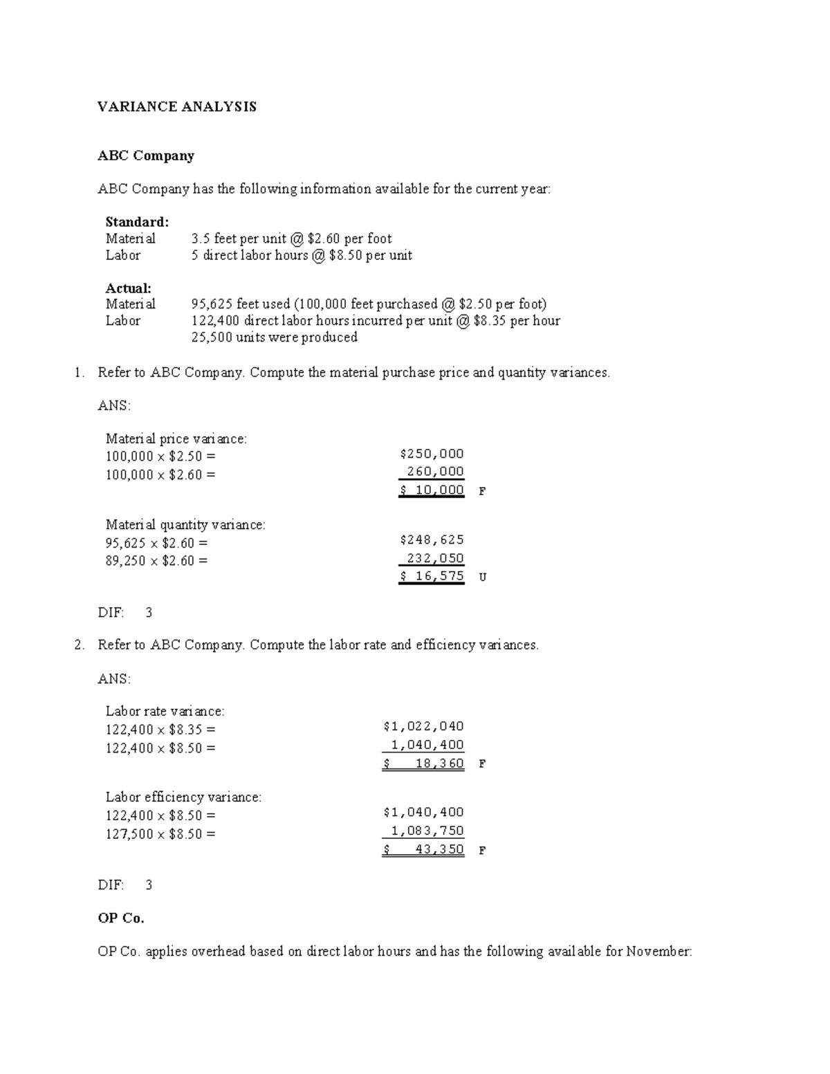 Variance Analysis for ABC Company: Material & Labor Variances - Studocu