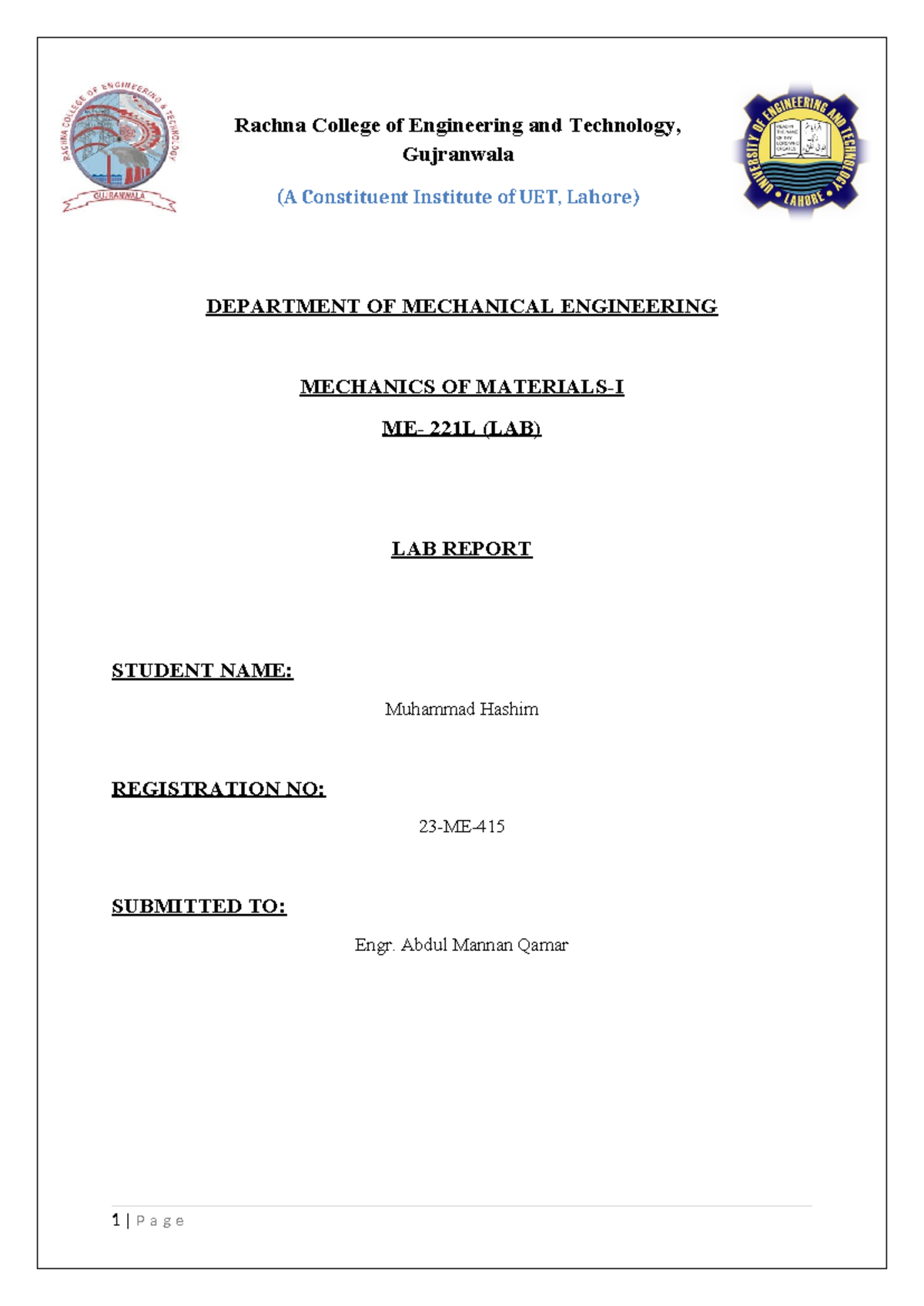 MMT 221L Mechanics of Materials (ME-221) - Rachna College of ...