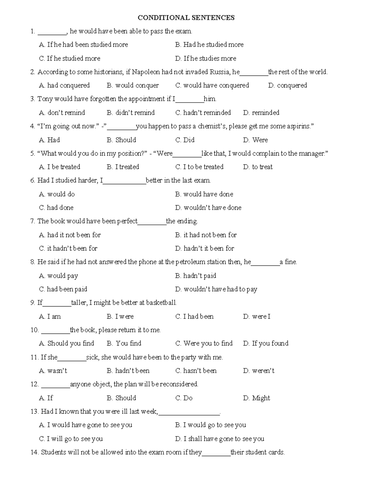 Conditional Sentences Practice for English Exam (ENG101) - Studocu