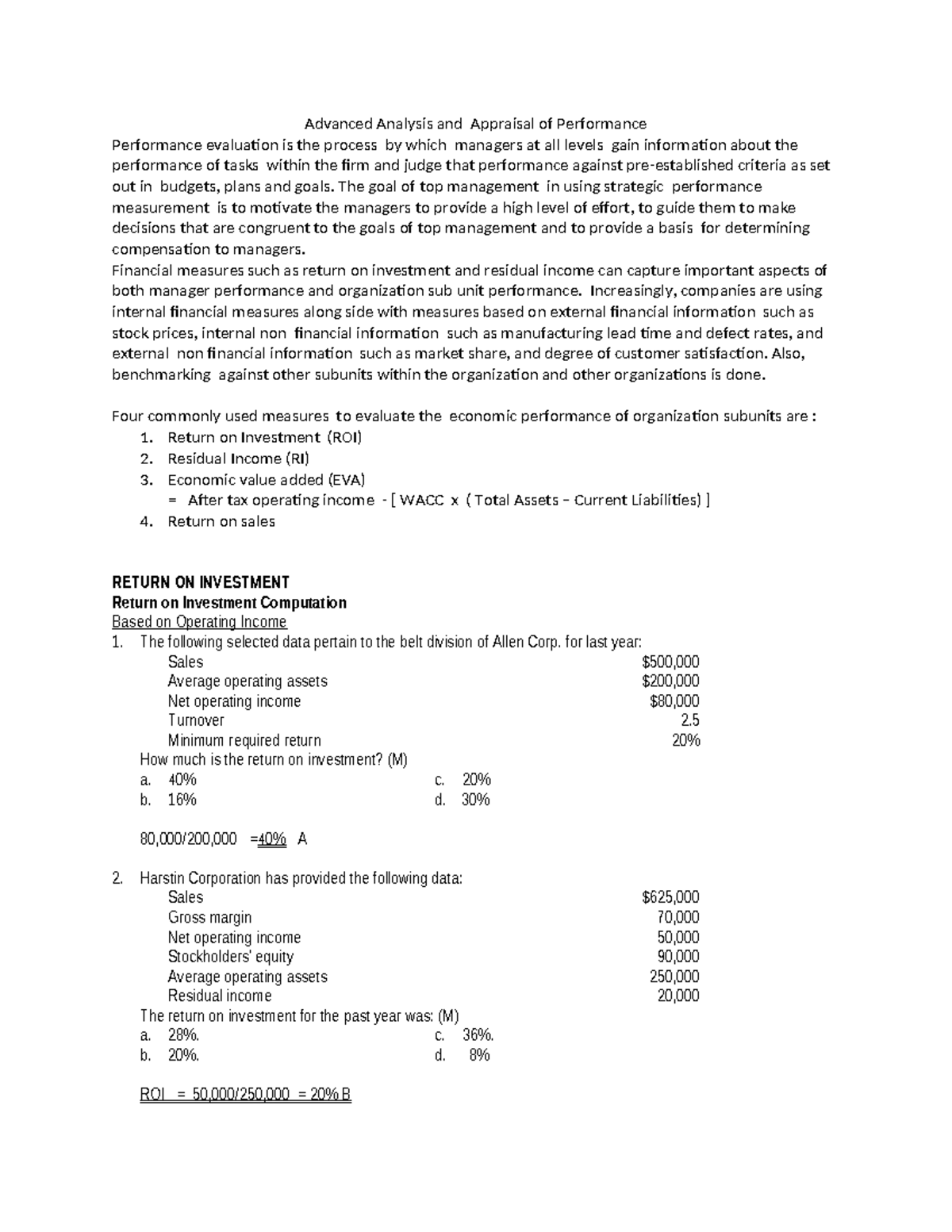 Advanced Analysis of ROI, RI, EVA & Segment Reporting in Firms - Studocu