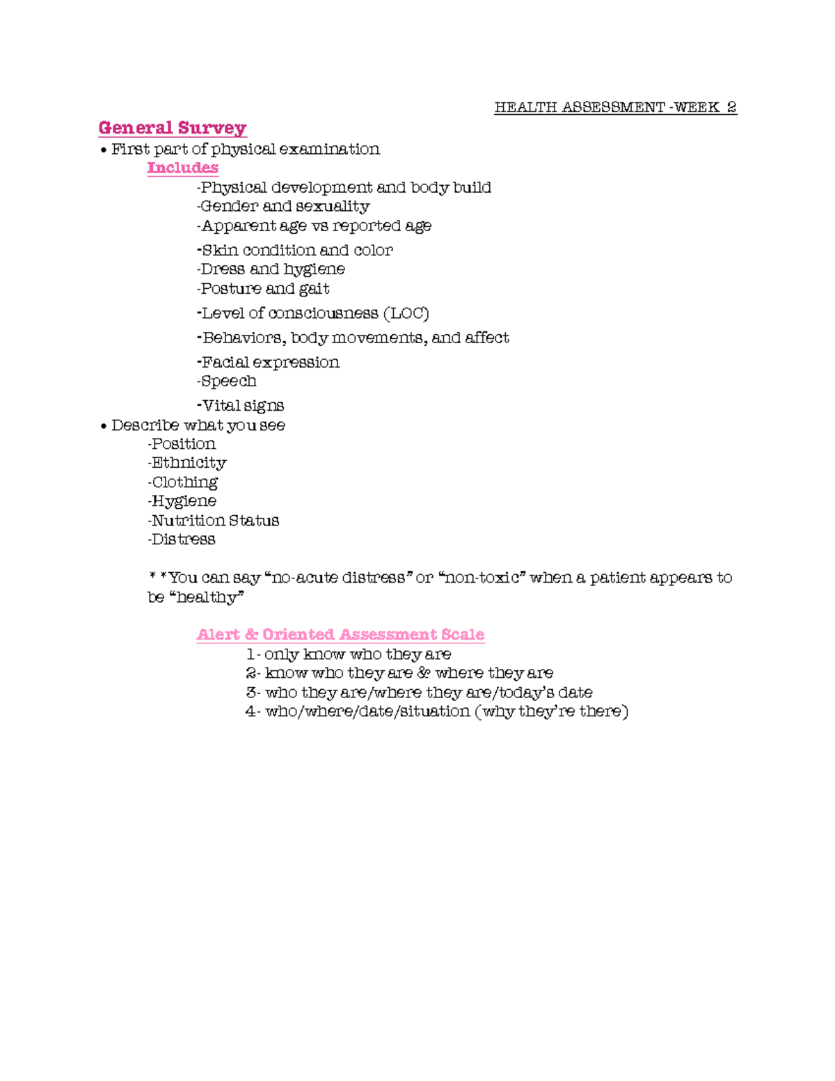 Health Assessment Week 2 - HEALTH ASSESSMENT -WEEK 2 General Survey ...