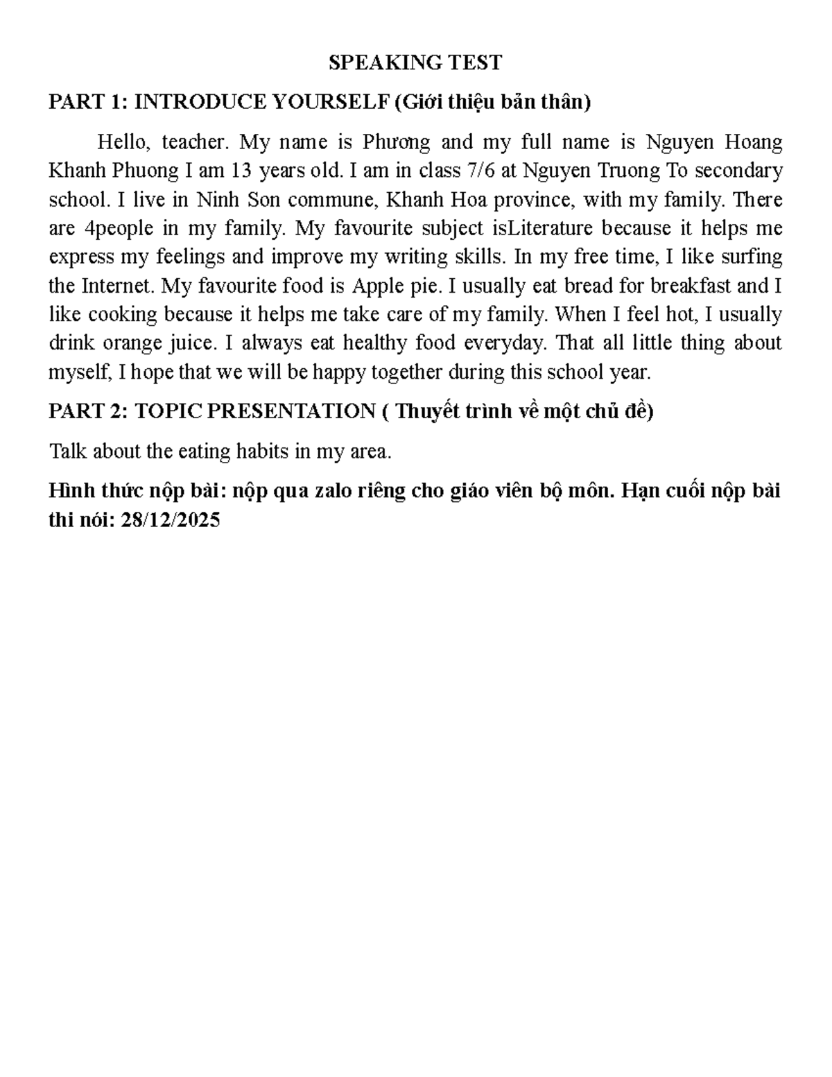 SPEAKING TEST: Self-Introduction & Topic Presentation - Studocu
