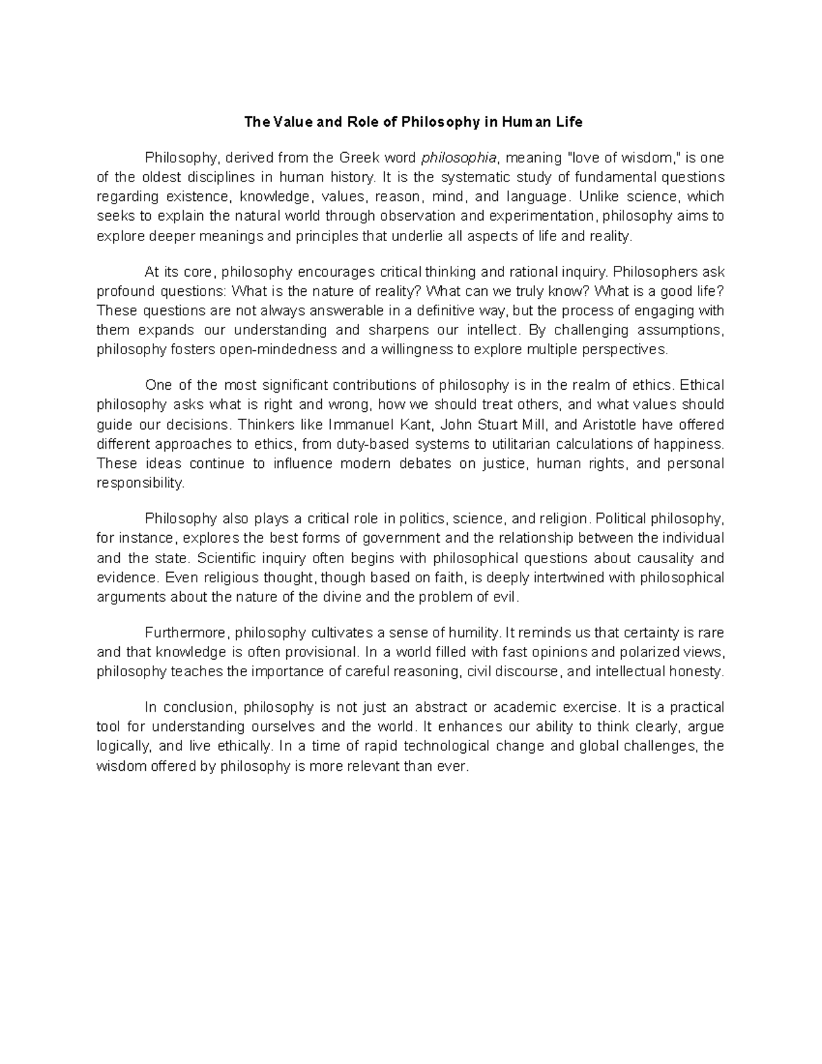 Philosophy Essay: The Value and Role in Human Life - Studocu