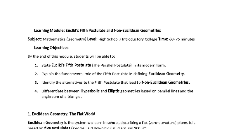High School Geometry Module: The Fifth Postulate Explained - Studocu