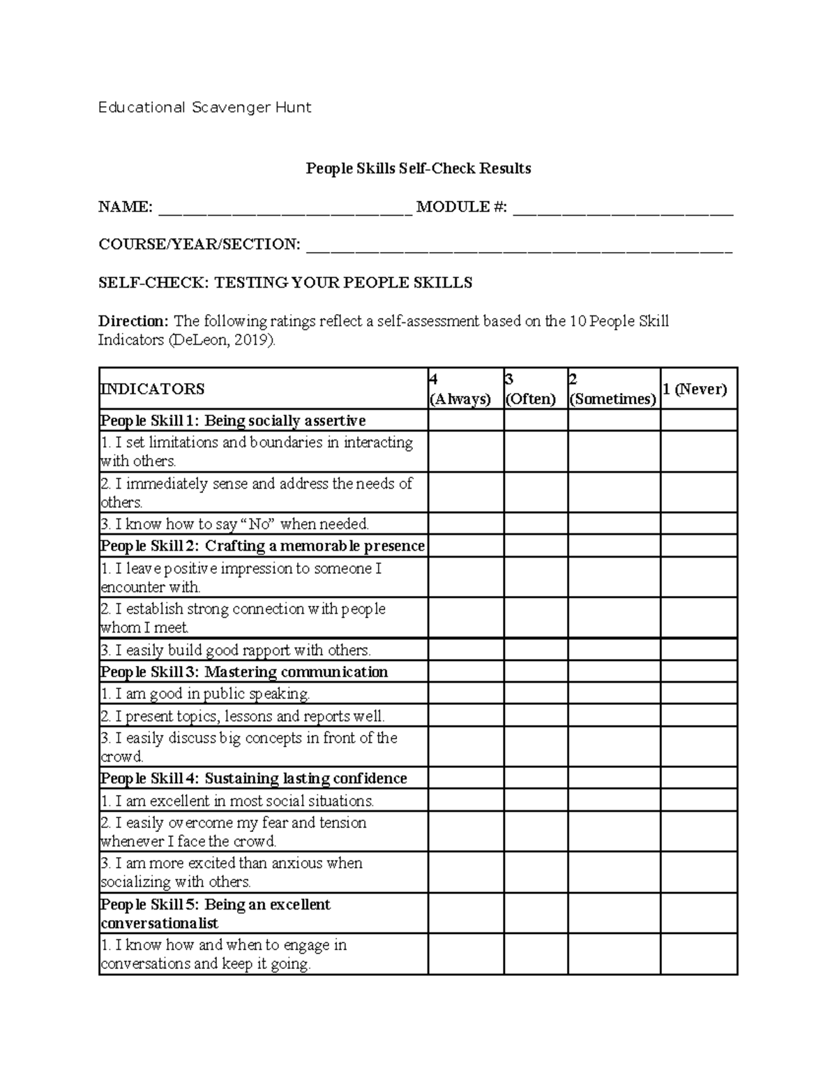 People Skills Assessment Results: Social Literacy Module - Studocu