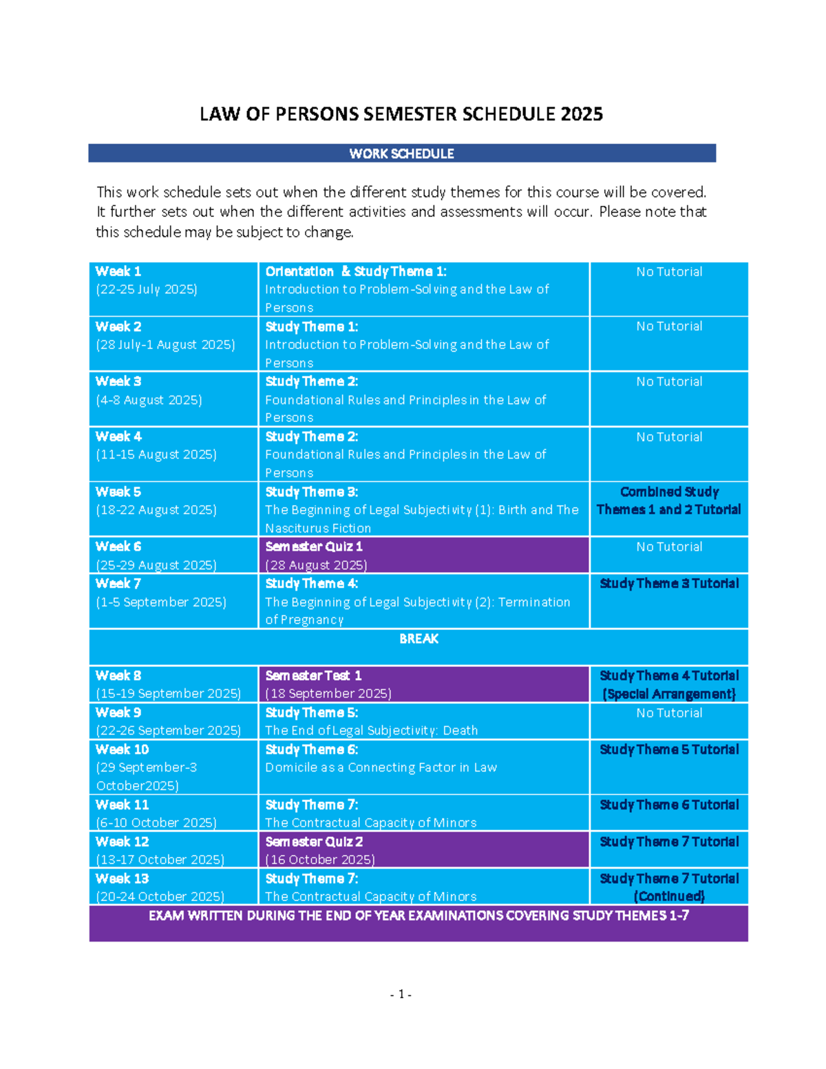 LAW OF PERSONS 2025 SEMESTER SCHEDULE & WORK PLAN - Studocu