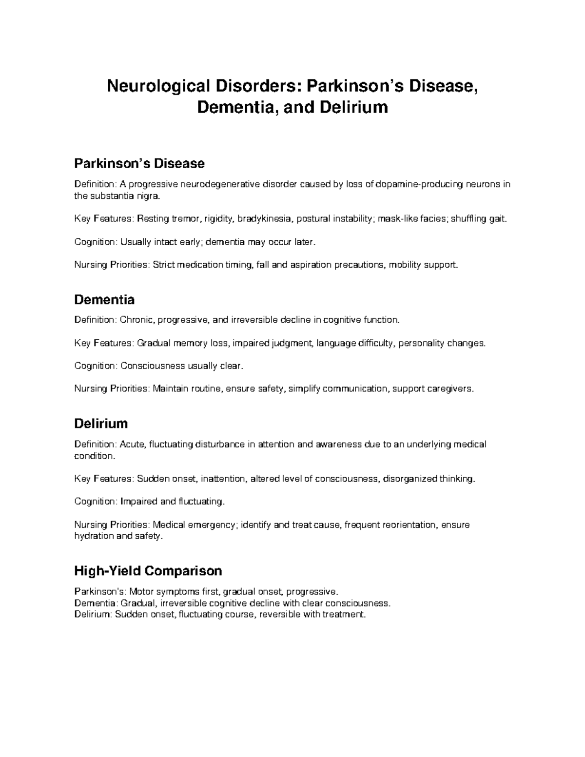 Par 101: Parkinson's, Dementia & Delirium Study Guide - Studocu