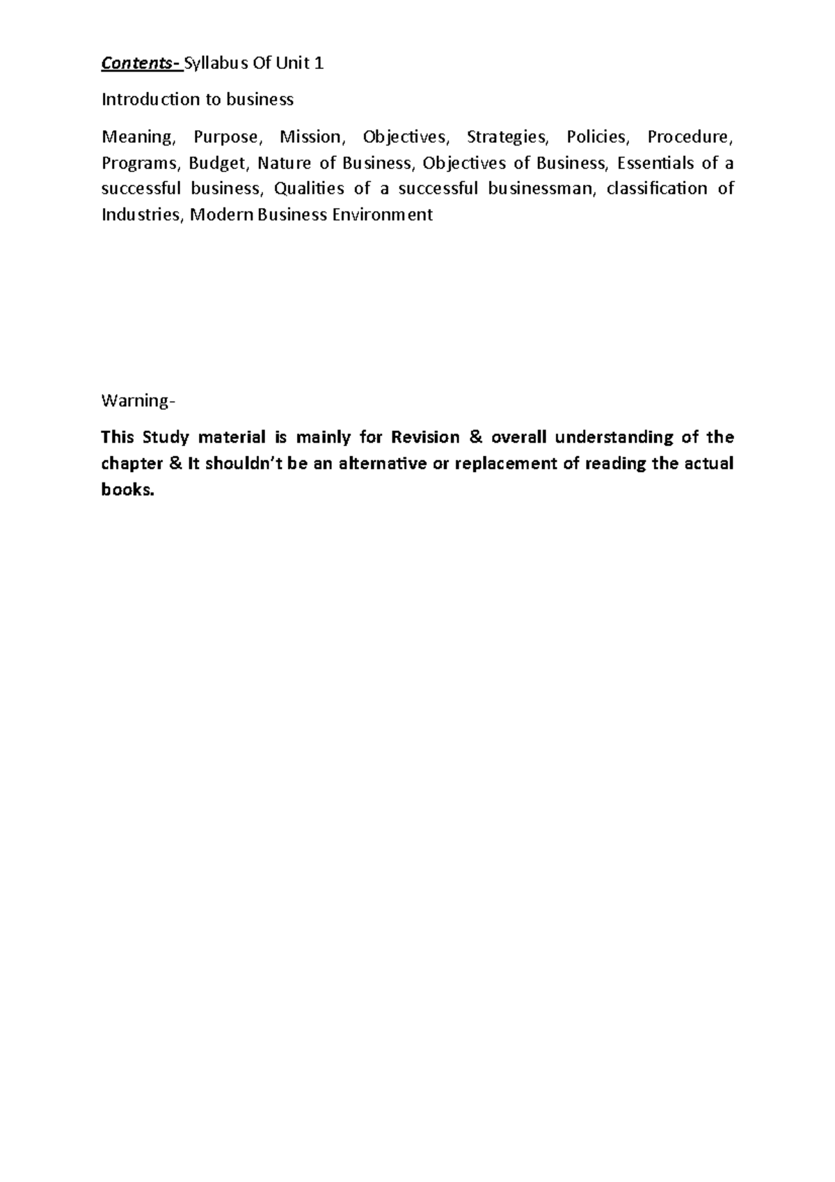 Introduction to Business- Unit 1 - Contents- Syllabus Of Unit 1 ...