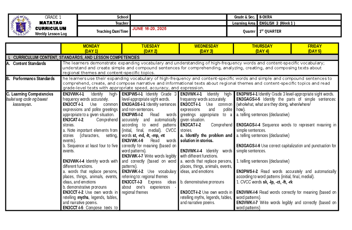 Q1 G3 English 3 Weekly Lesson Log - Week 1 Activities - Studocu