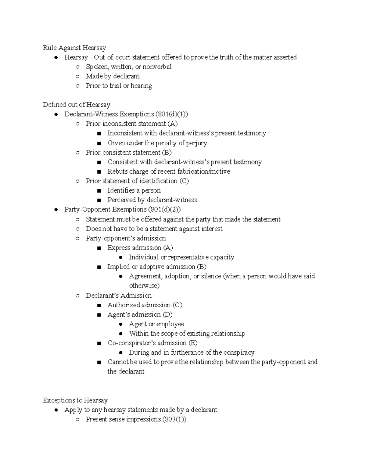 Evidence Outline - Rule Against Hearsay Hearsay - Out-of-court ...