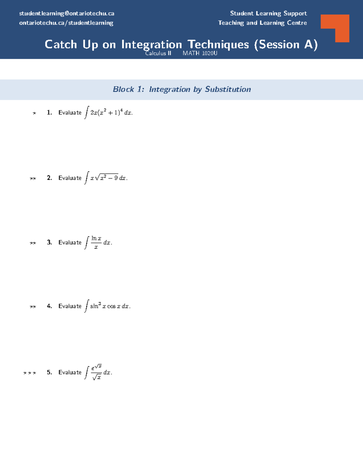 MATH 1020U Calculus II: Integration Techniques Workshop Notes - Studocu