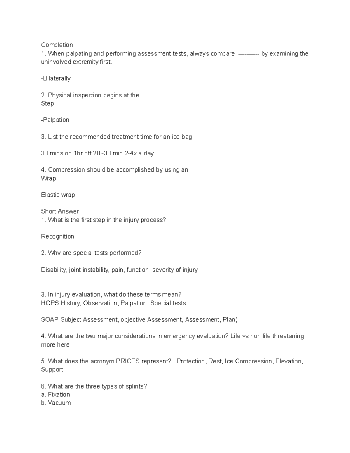 Sports Medicine - Exercise & Injury Evaluation Chapter 2 Review ...